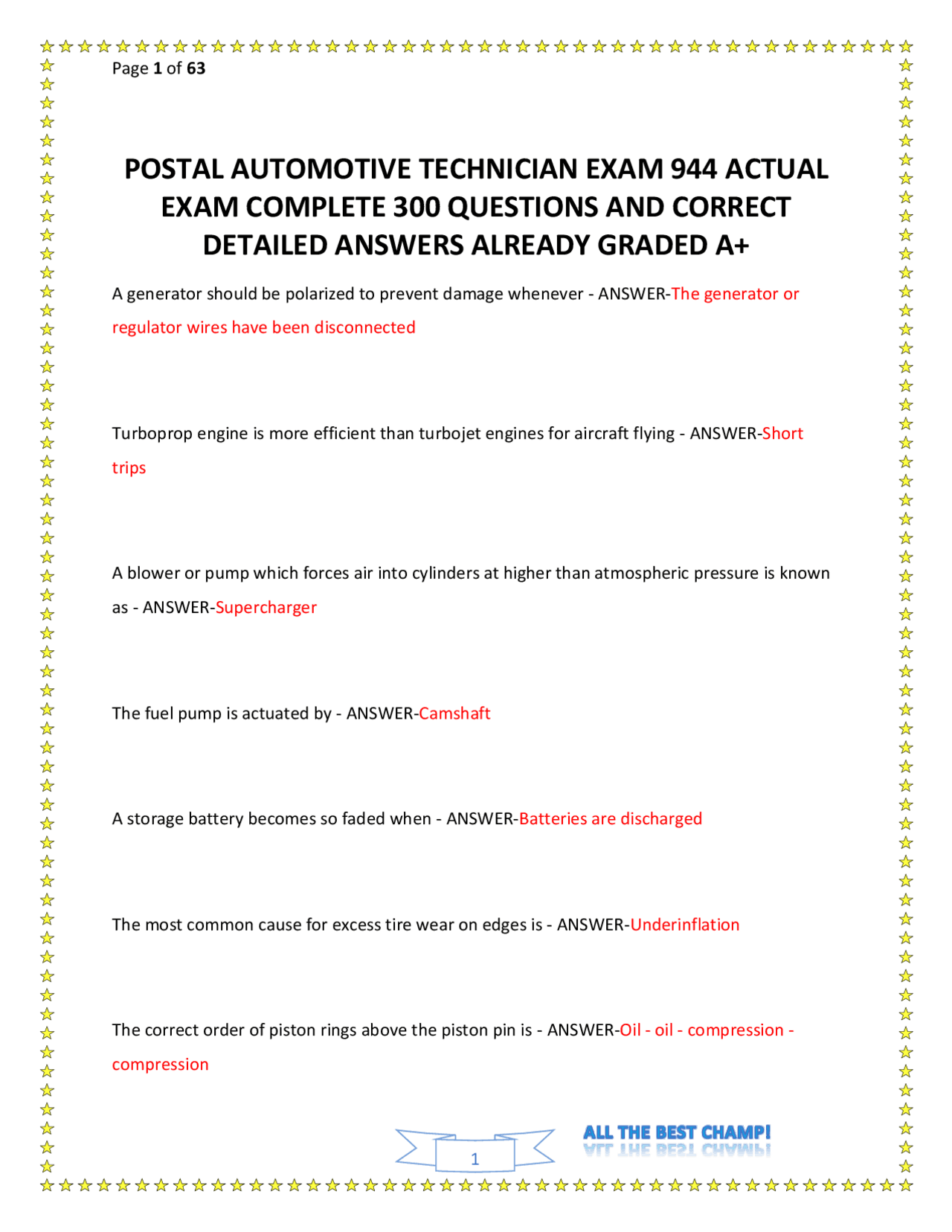 POSTAL AUTOMOTIVE TECHNICIAN EXAM 944 ACTUAL EXAM COMPLETE 300 ...