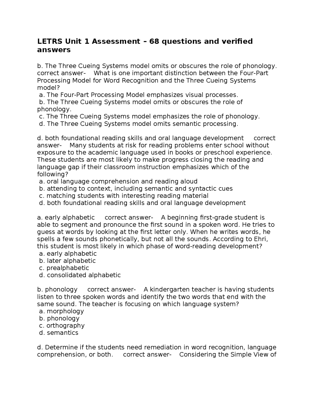 LETRS Unit 1 Assessment: Multiple Choice Questions and Answers | Exams ...