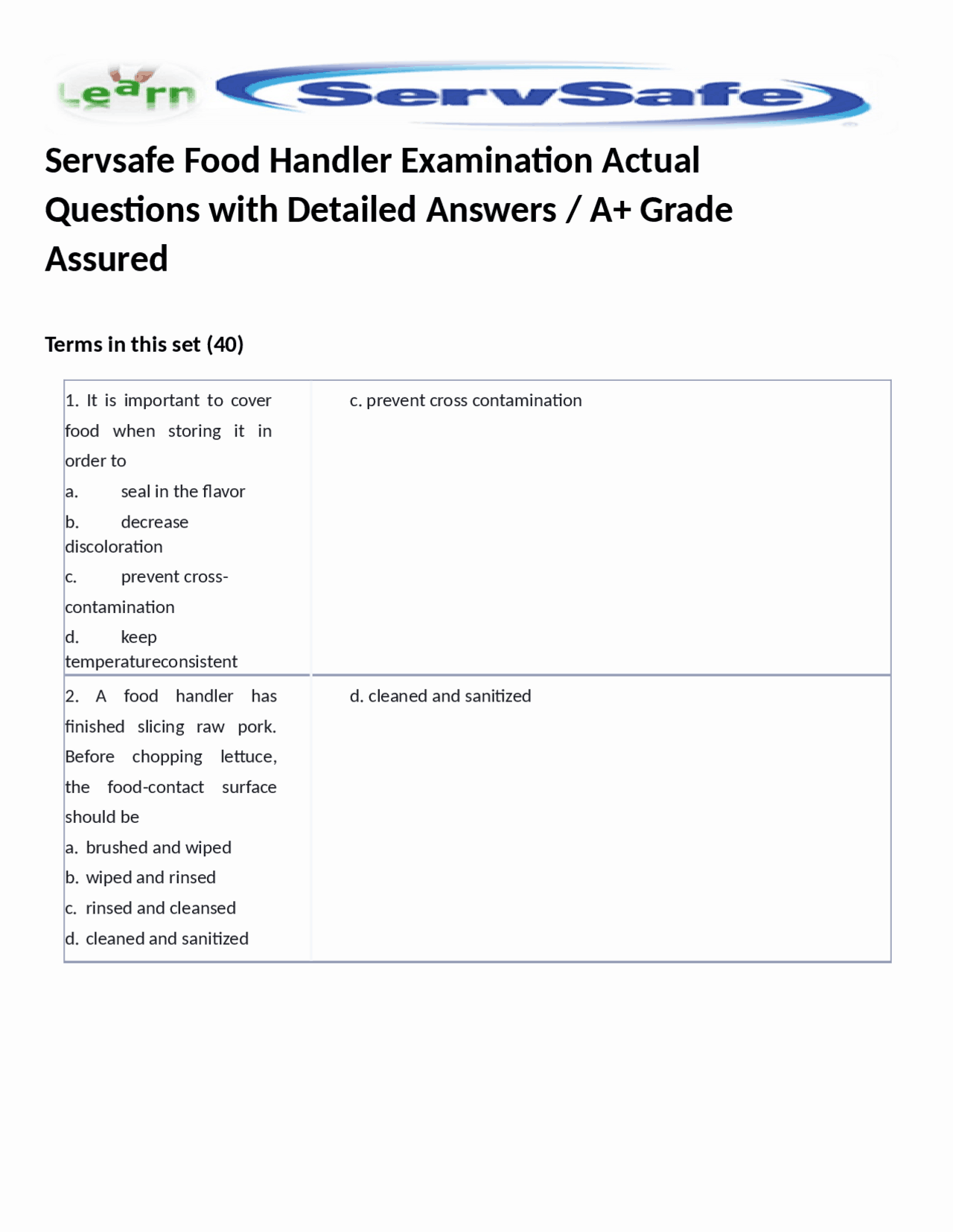ServSafe Food Handler Examination: Practice Questions and Answers ...