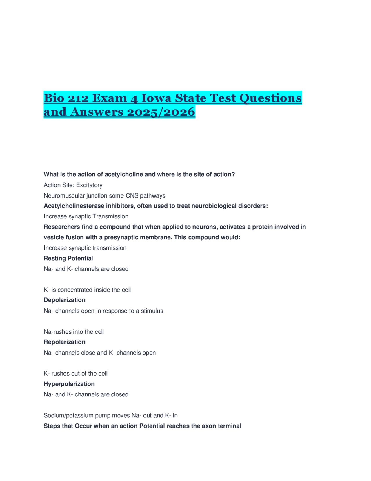 Bio 212 Exam 4: Iowa State Test Questions and Answers 2025/2026 | Exams ...