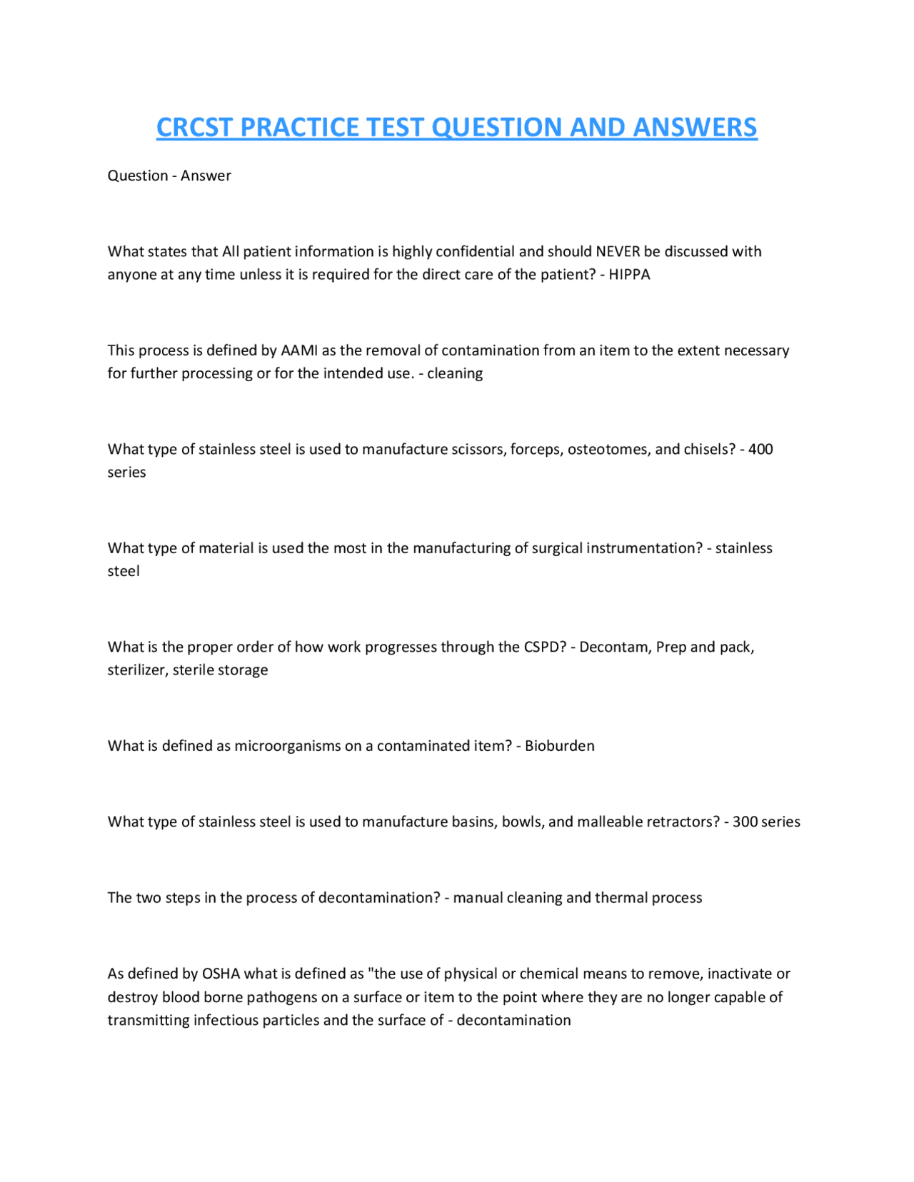 CRCST Practice Test: Questions and Answers on Decontamination and ...