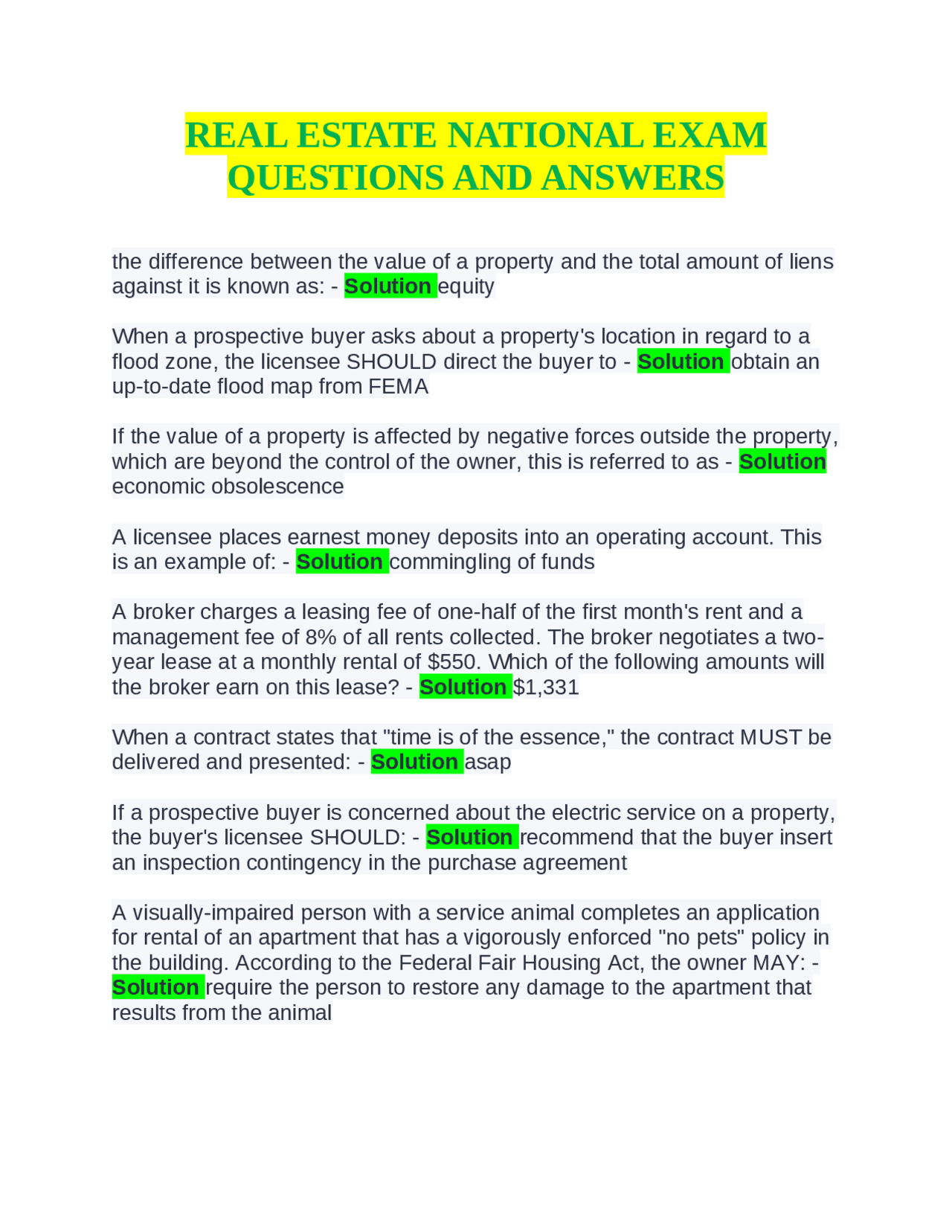 REAL ESTATE NATIONAL EXAM QUESTIONS AND ANSWERS | Exams Industrial ...