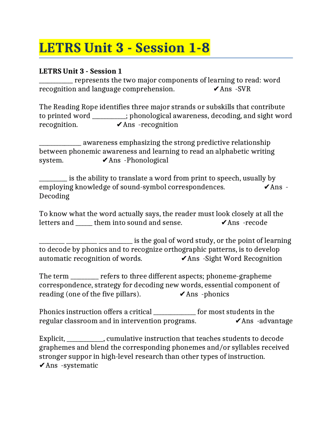 LETRS Unit 3 - Session 1-8 | Exams English Language | Docsity
