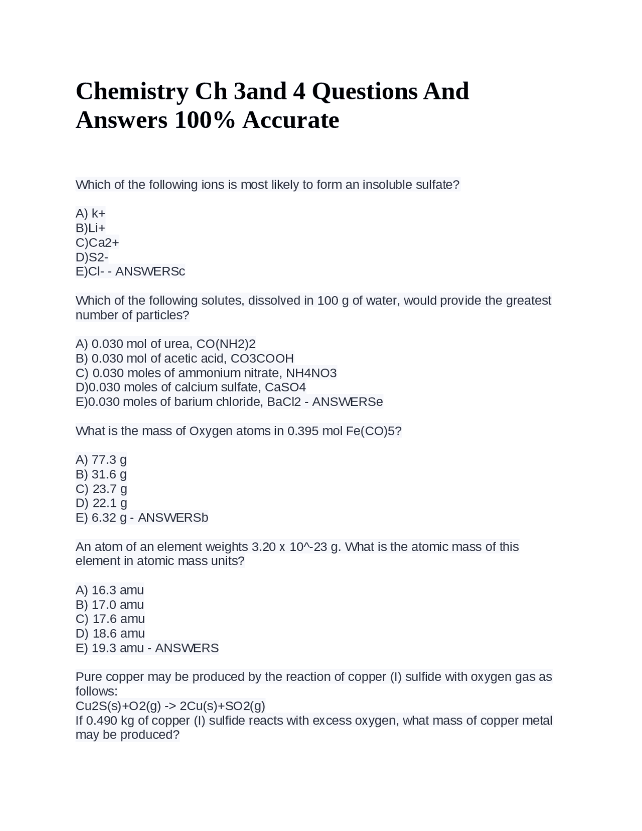 Chemistry Chapter 3 and 4: Questions and Answers | Exams Chemistry ...