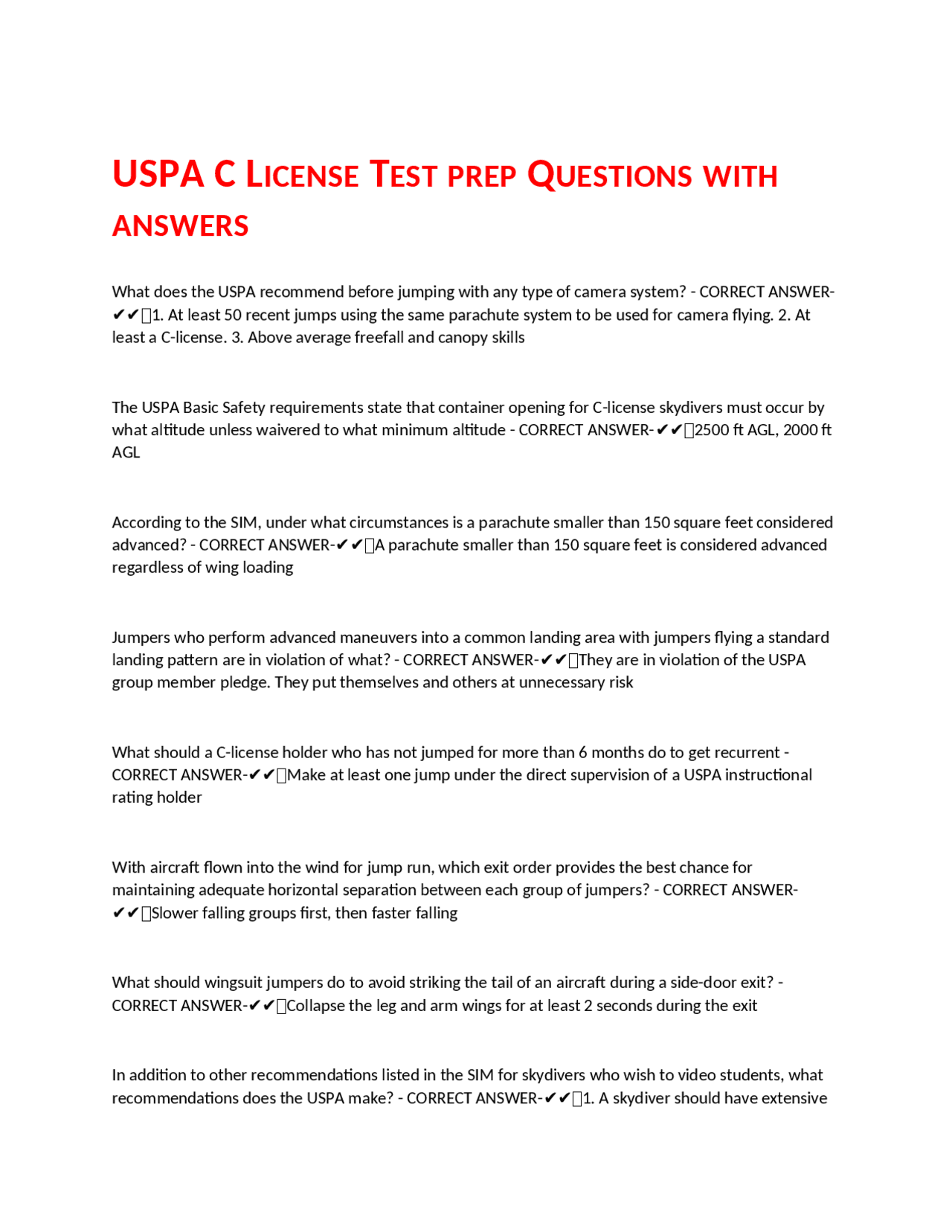 USPA C LICENSE TEST PREP QUESTIONS WITH ANSWERS. | Exams Community ...