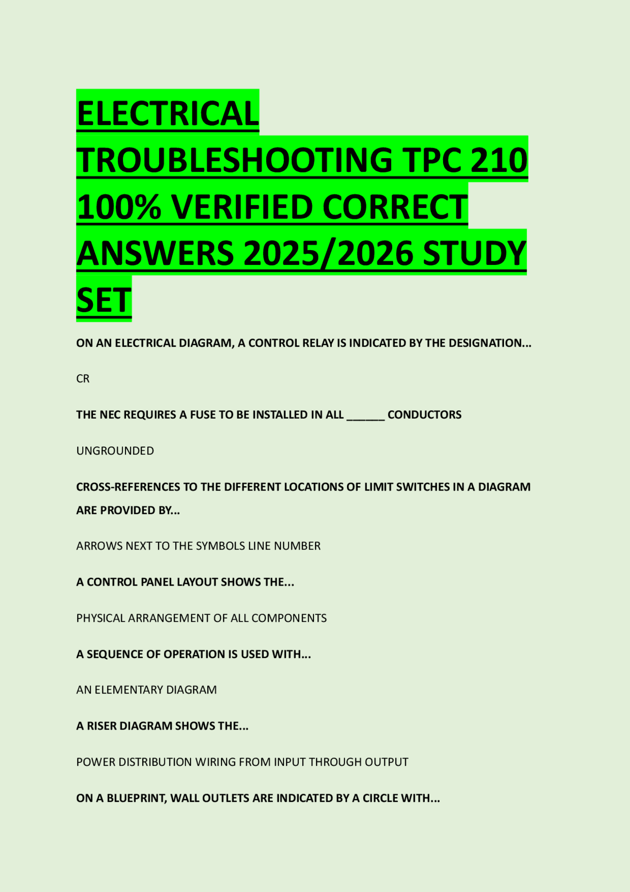 ELECTRICAL TROUBLESHOOTING TPC 210 100% VERIFIED CORRECT ANSWERS 2025/ ...