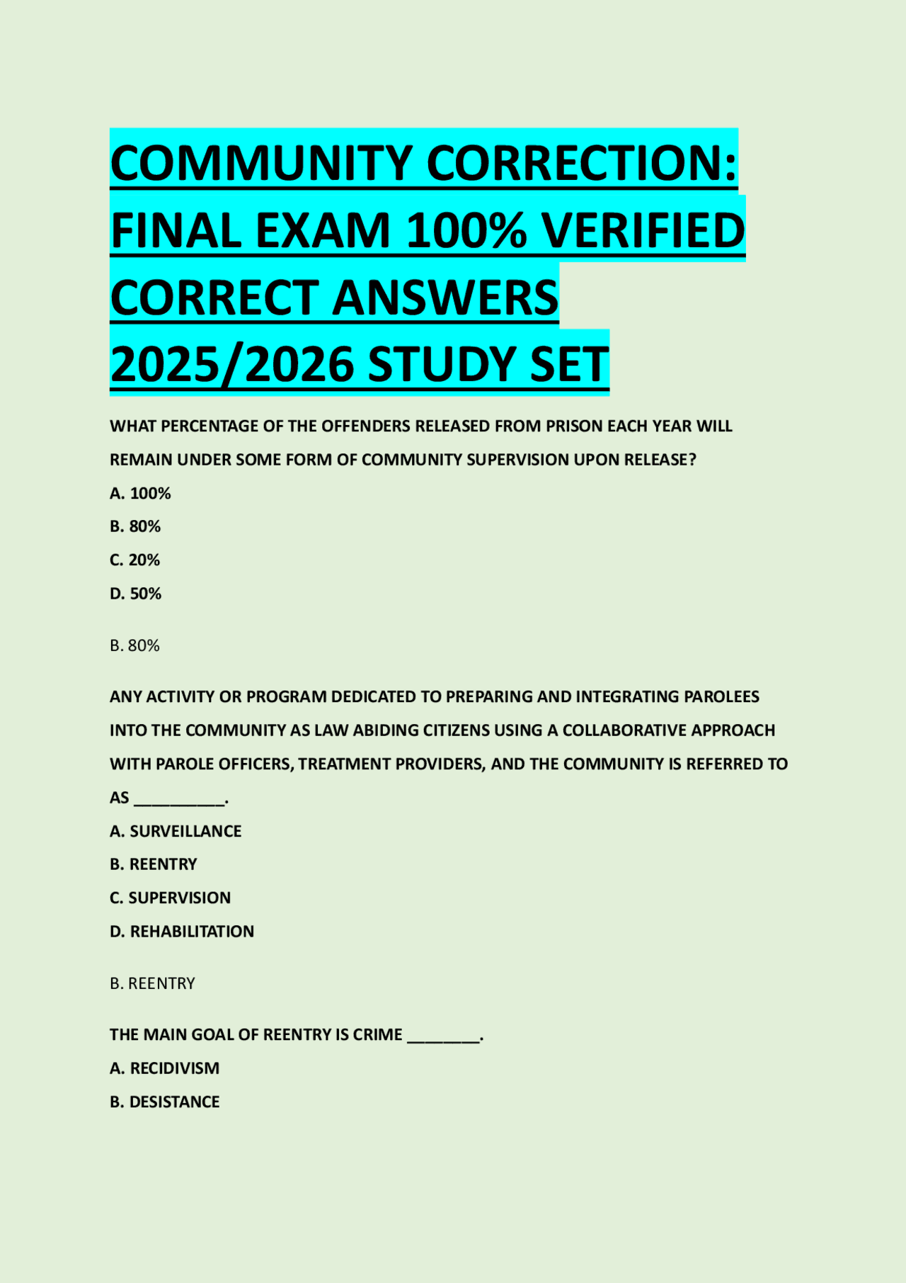 COMMUNITY CORRECTION: FINAL EXAM 100% VERIFIED CORRECT ANSWERS 2025/ ...