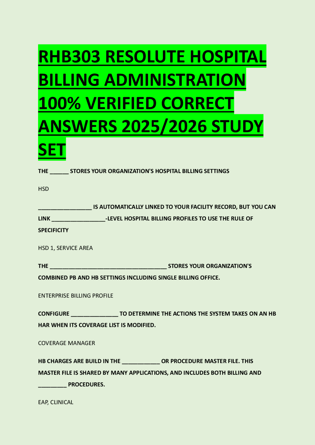 RHB303 RESOLUTE HOSPITAL BILLING ADMINISTRATION 100% VERIFIED CORRECT ...