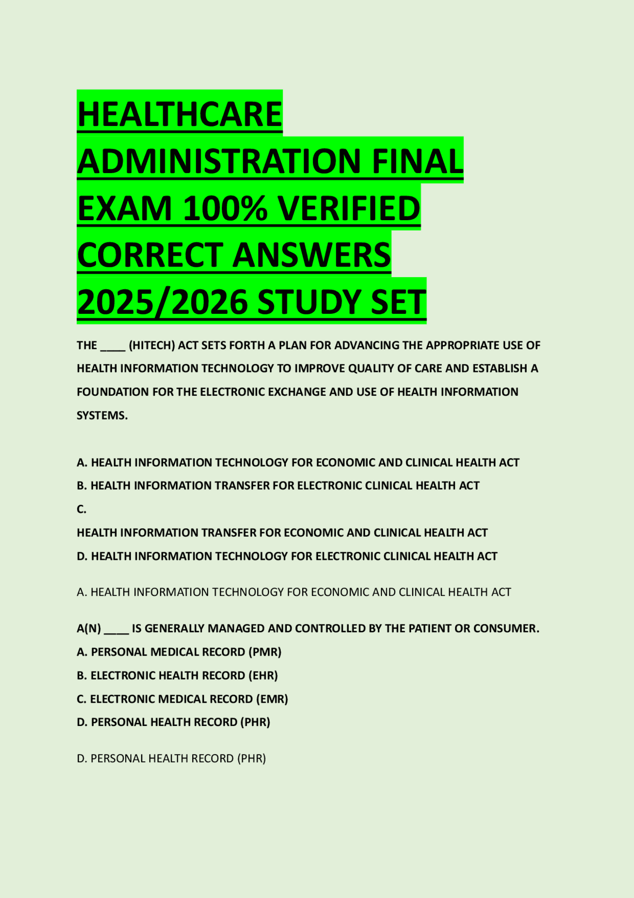 HEALTHCARE ADMINISTRATION FINAL EXAM 100% VERIFIED CORRECT ANSWERS 2025 ...