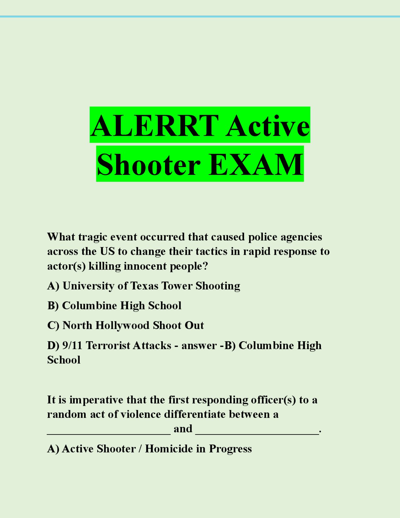 ALERRT Active Shooter Response Level 1 Exam | Exams Nursing | Docsity