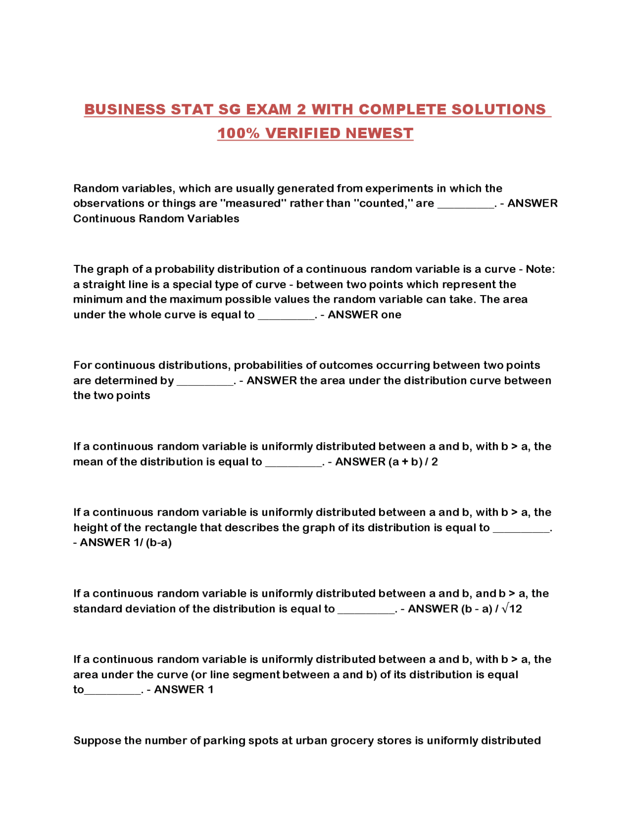 Business Statistics Exam 2: Continuous Random Variables and Normal Distribution | Exams Advanced ...