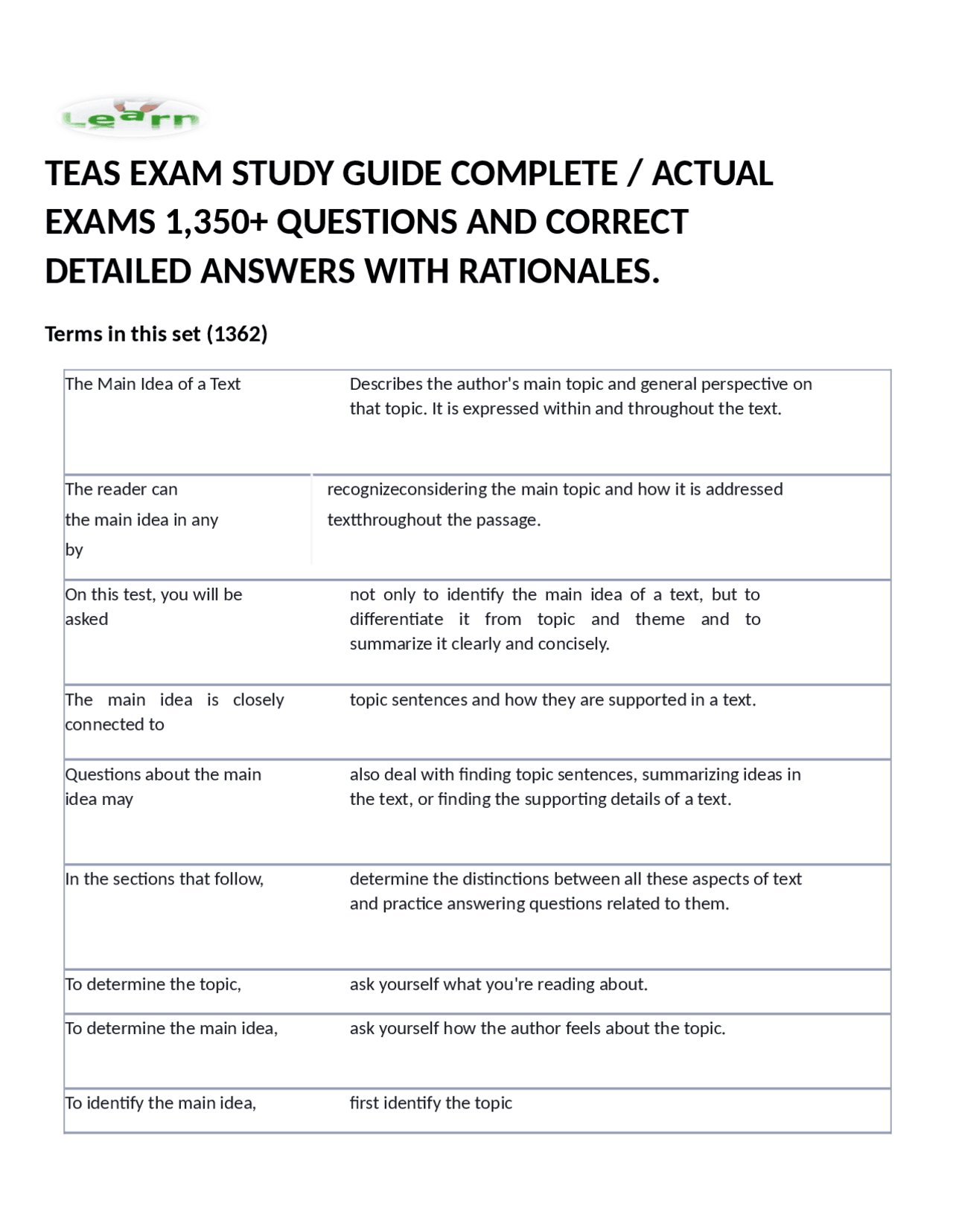 TEAS EXAM STUDY GUIDE COMPLETE / ACTUAL EXAMS 1,350+ QUESTIONS AND ...