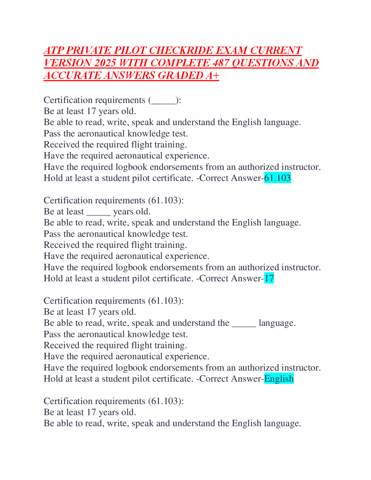 ATP Private Pilot Checkride Exam: 487 Questions and Answers | Exams ...