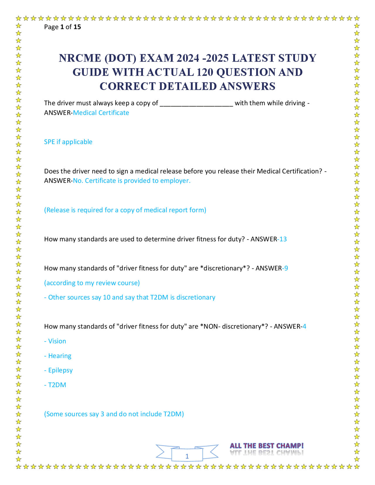 NRCME (DOT) EXAM 2024 -2025 LATEST STUDY GUIDE WITH ACTUAL 120 QUESTION ...