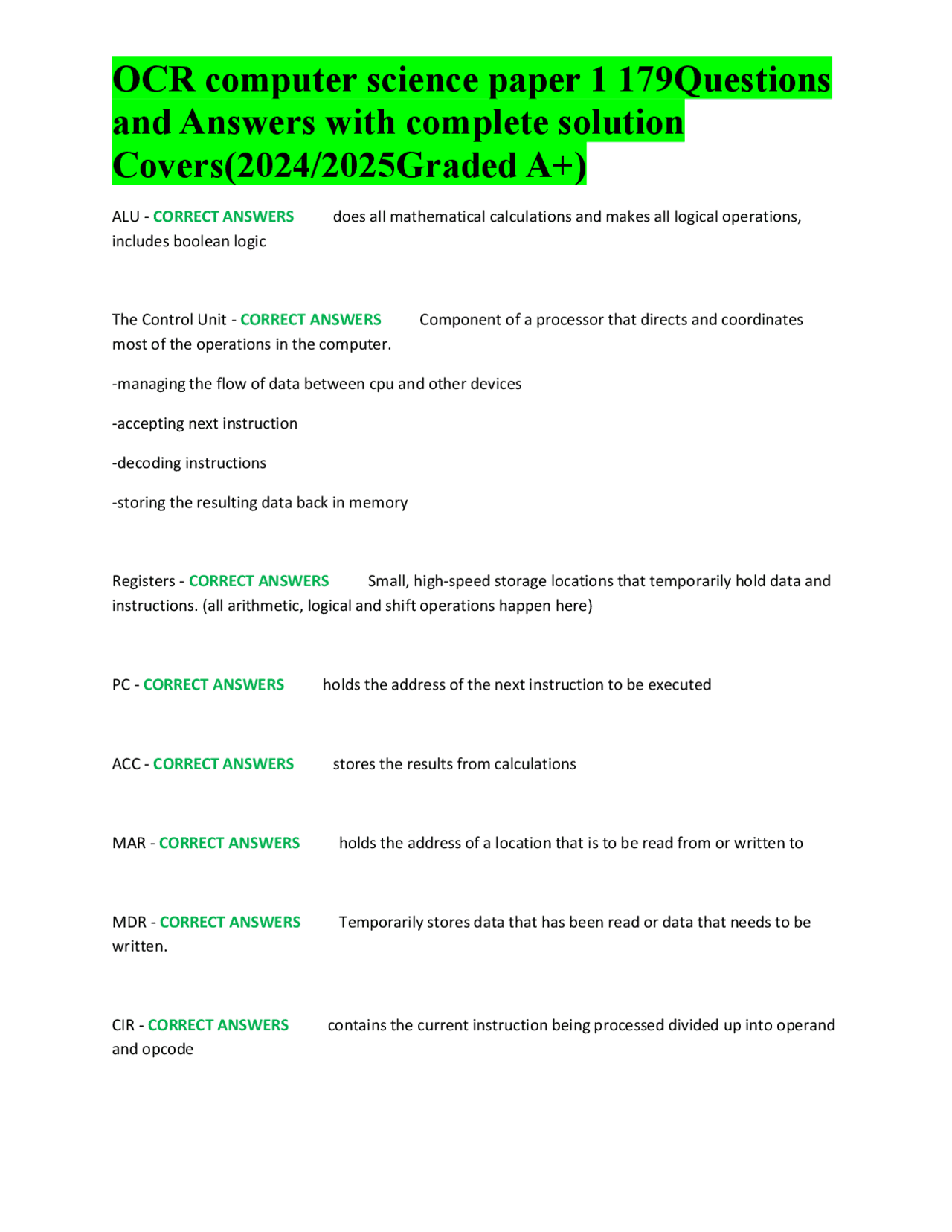 OCR computer science paper 1 179Questions and Answers with complete ...