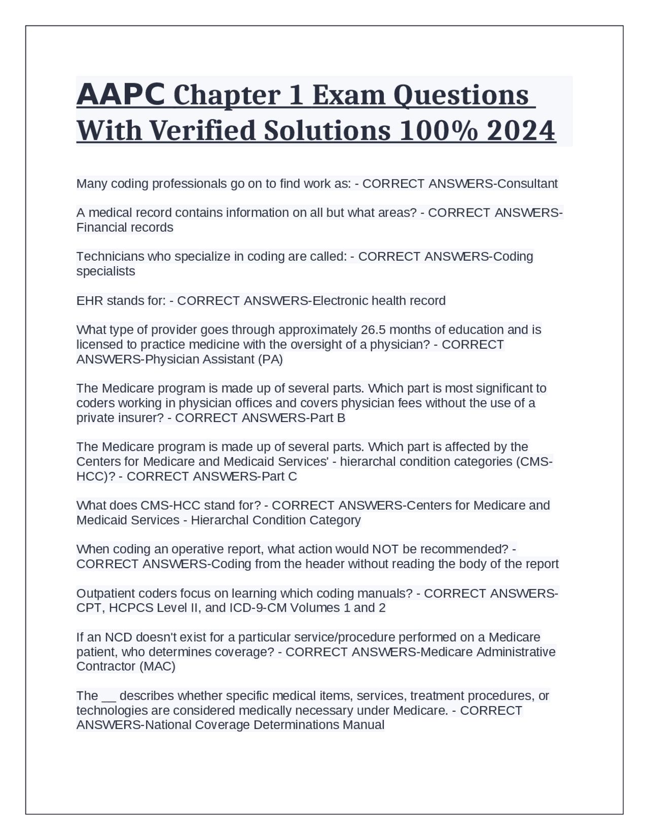 AAPC Chapter 1 Exam Questions with Verified Solutions 100% 2024 | Exams ...