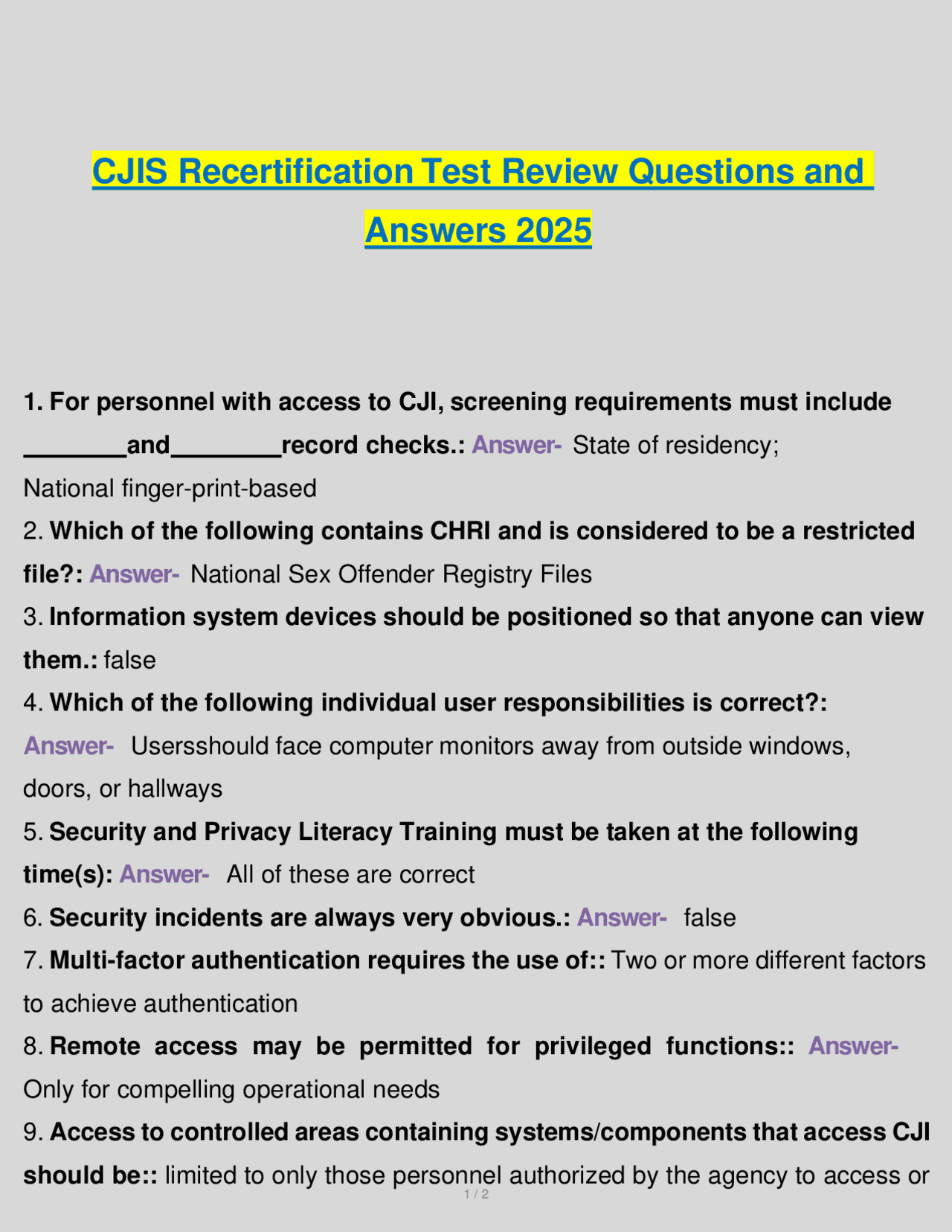 CJIS Recertification Test Review Questions and Answers 2025 | Exams ...