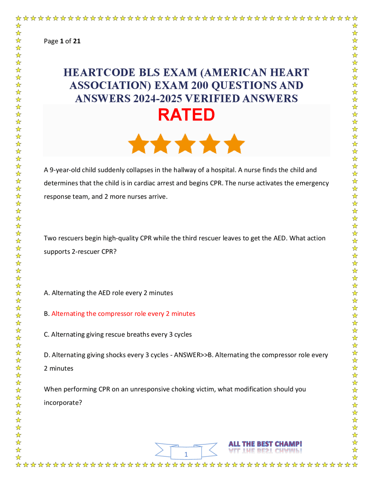 HEARTCODE BLS EXAM (AHA) 200 QUESTIONS & ANSWERS 2024-2025 | Exams ...