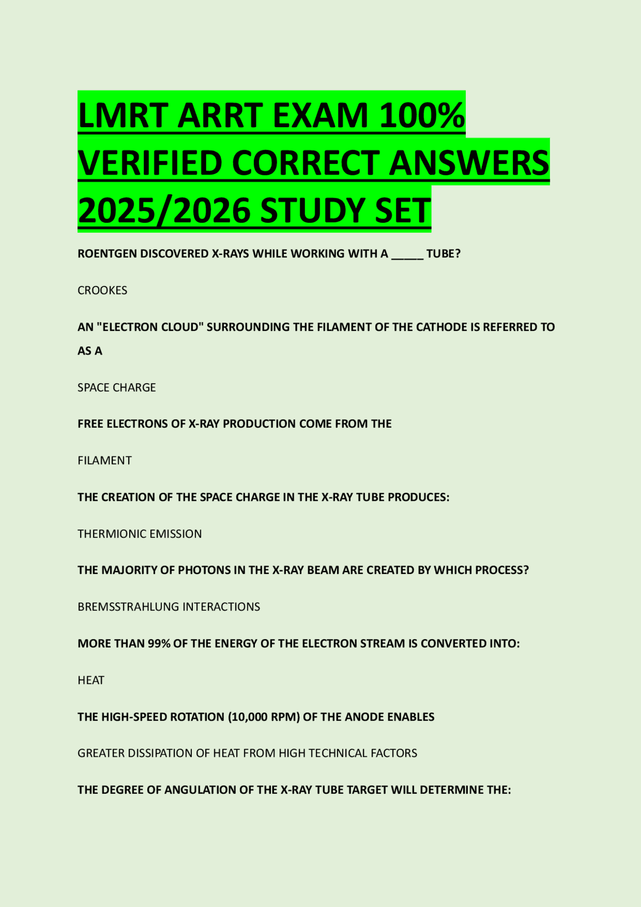 LMRT ARRT EXAM 100% VERIFIED CORRECT ANSWERS 2025/2026 STUDY SET ...