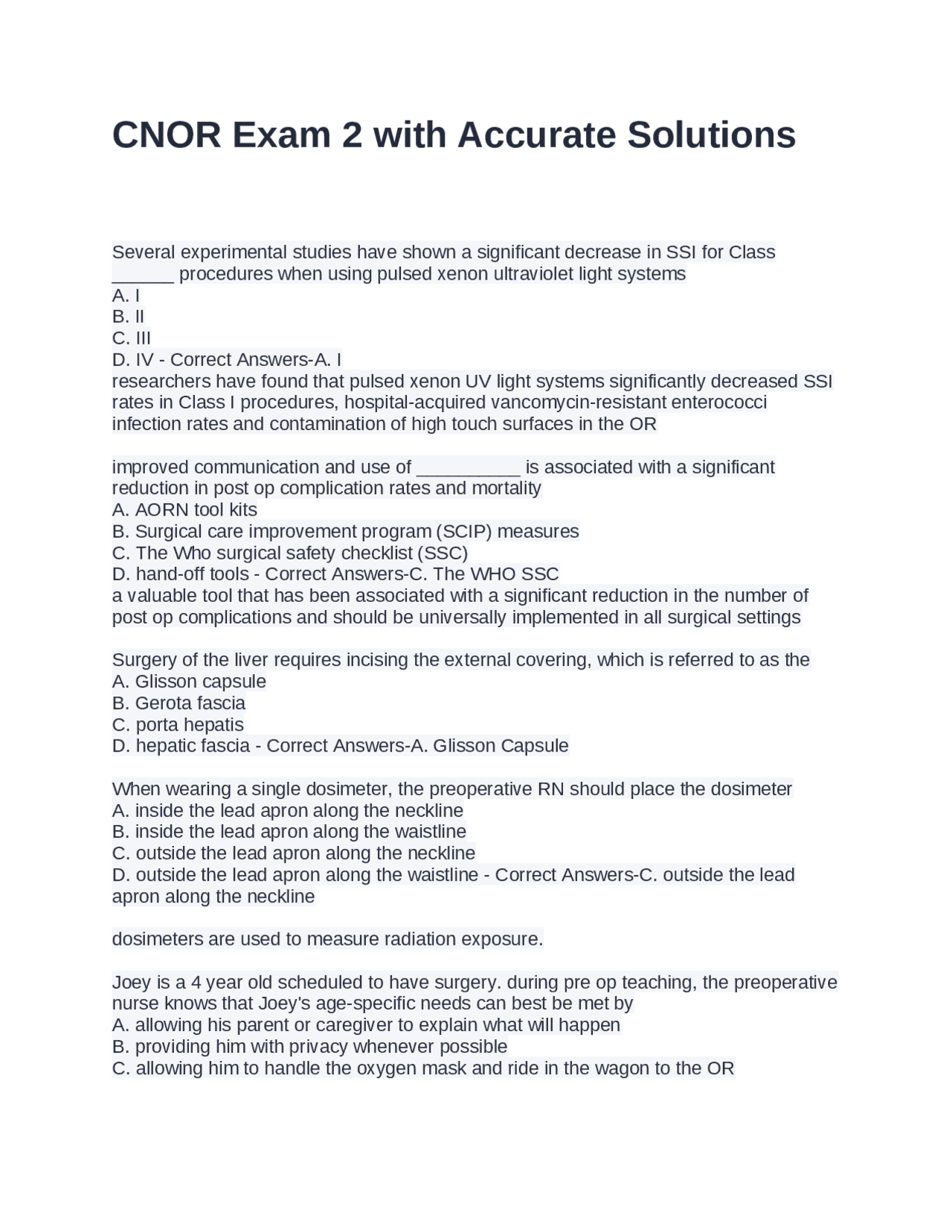 CNOR Exam 2 with Accurate Solutions: A Guide for Surgical Nurses ...