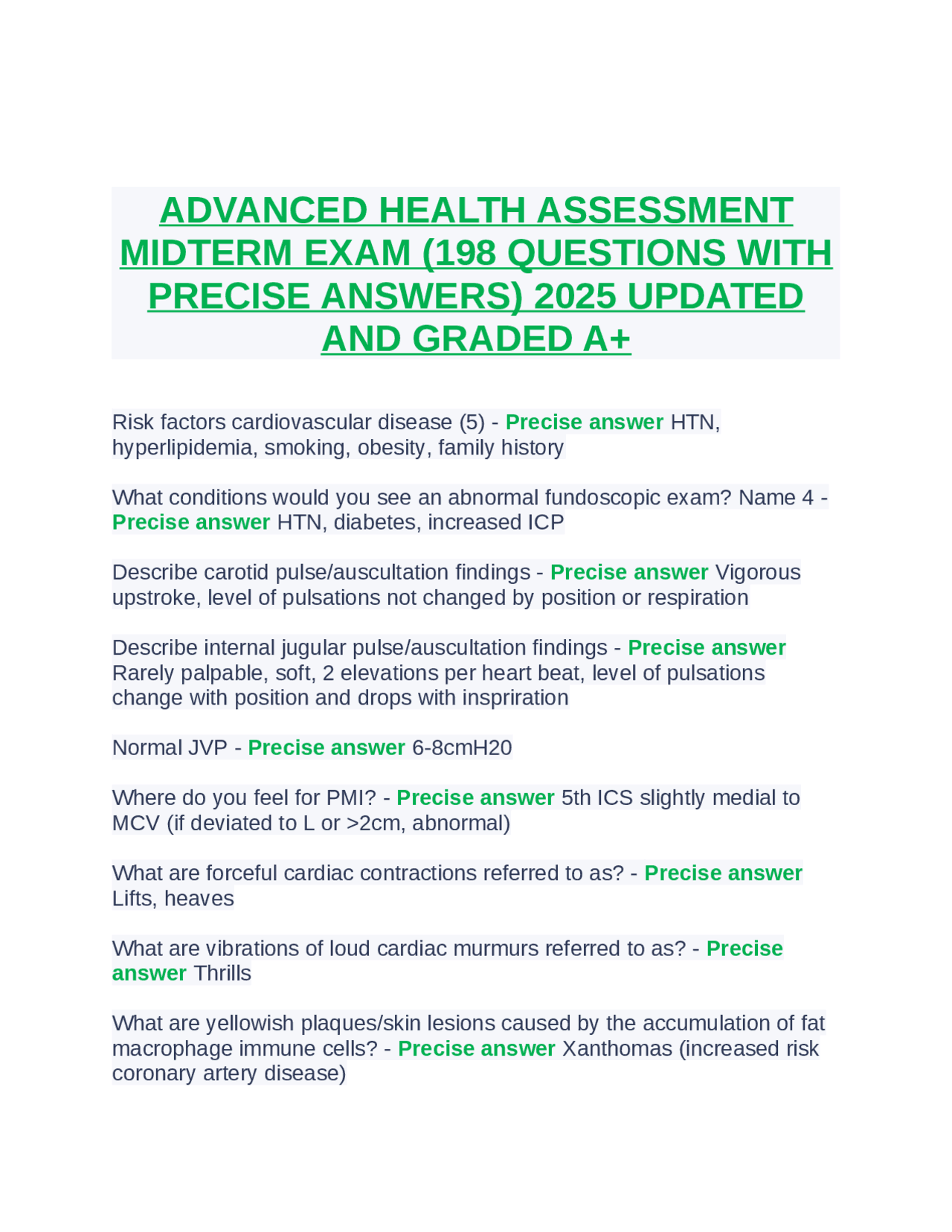 ADVANCED HEALTH ASSESSMENT MIDTERM EXAM (198 QUESTIONS WITH PRECISE ...