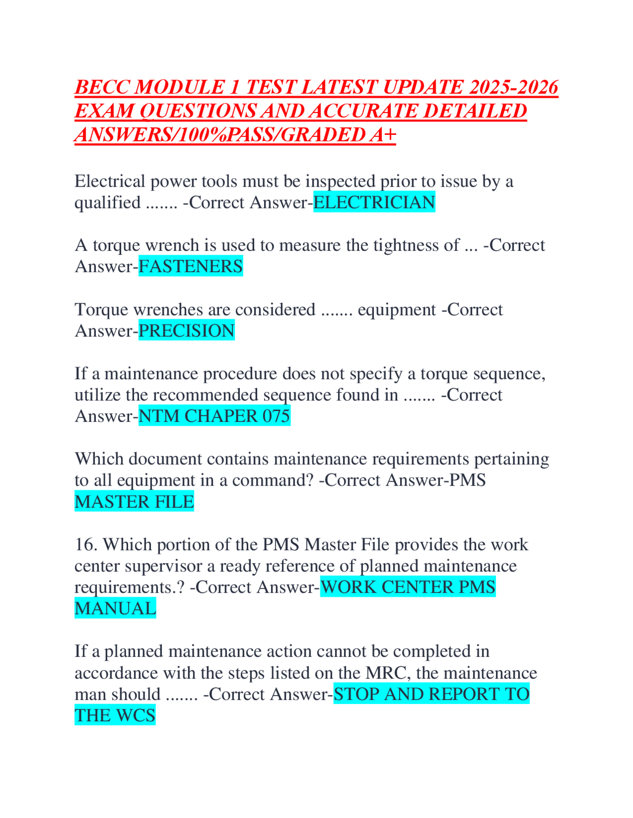 BECC MODULE 1 TEST QUESTIONS AND ACCURATE VERIFIED ANSWERS .pdf | Exams ...