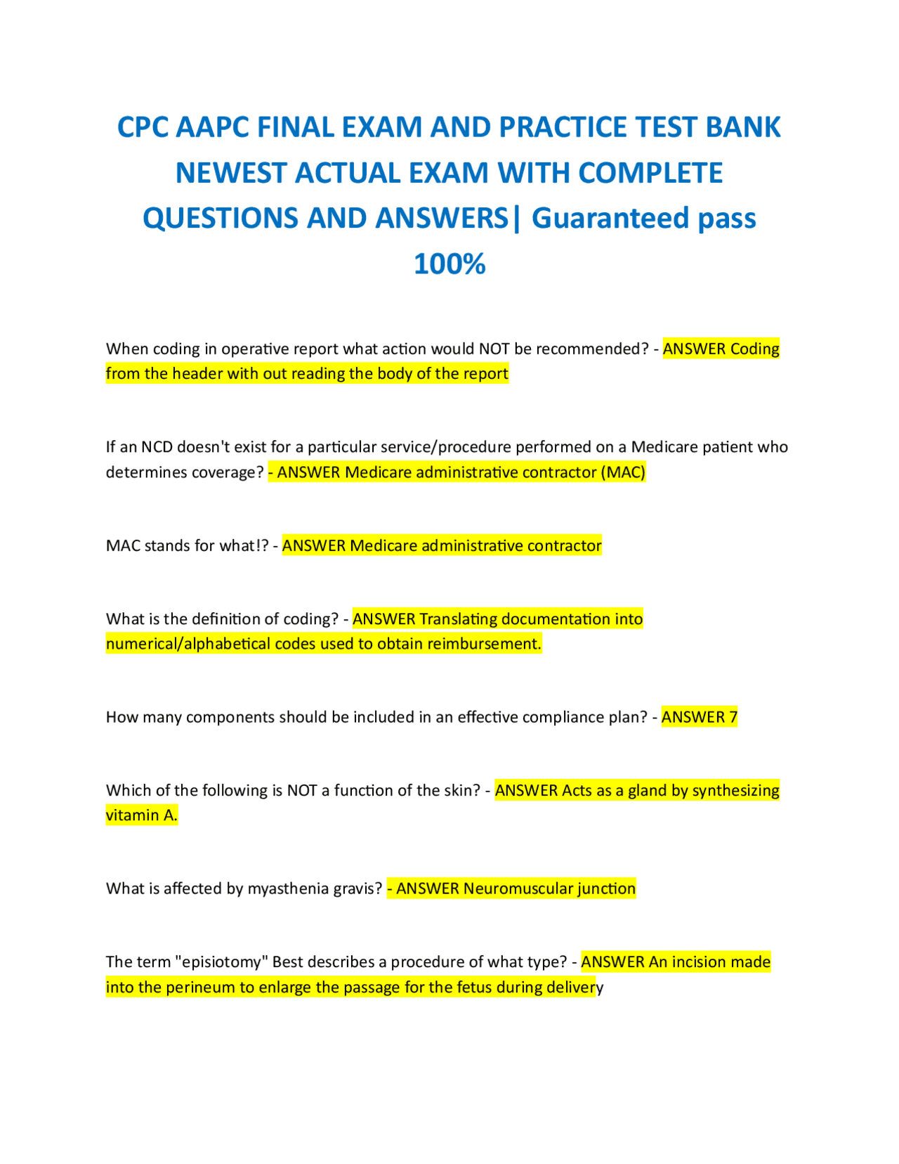 CPC AAPC Final Exam and Practice Test Bank: Questions and Answers for ...