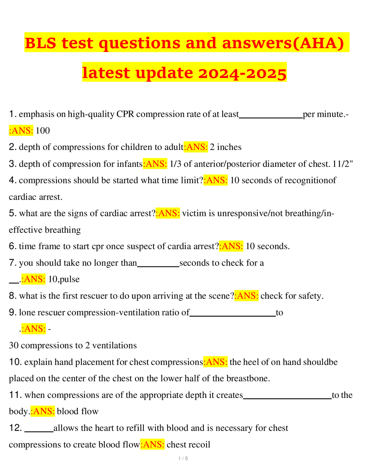 BLS test questions and answers(AHA) latest update 2024-2025 | Exams ...