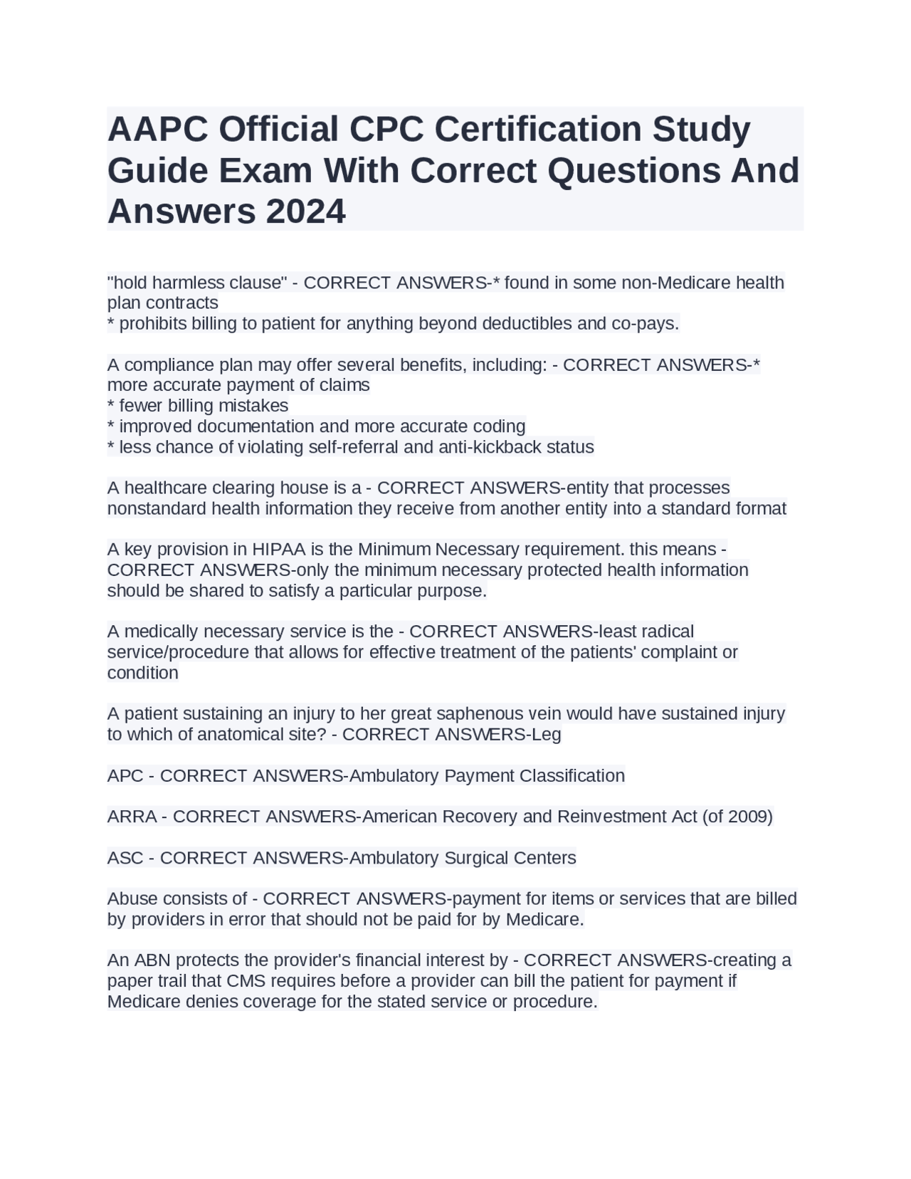 AAPC Official CPC Certification Study Guide Exam Questions and Answers 2024 | Exams Advanced ...