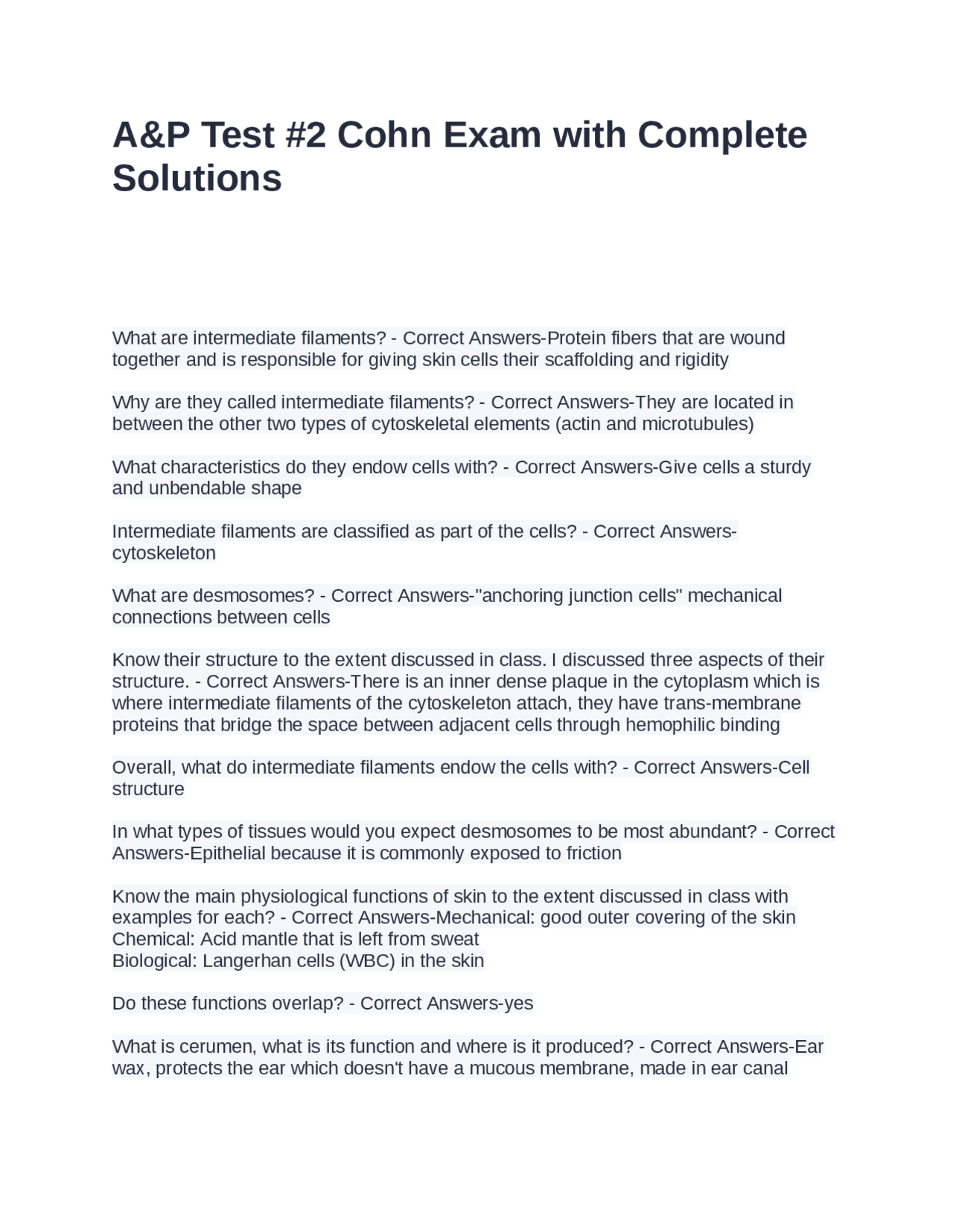 A&P Test #2 Cohn Exam with Complete Solutions | Exams Nursing | Docsity