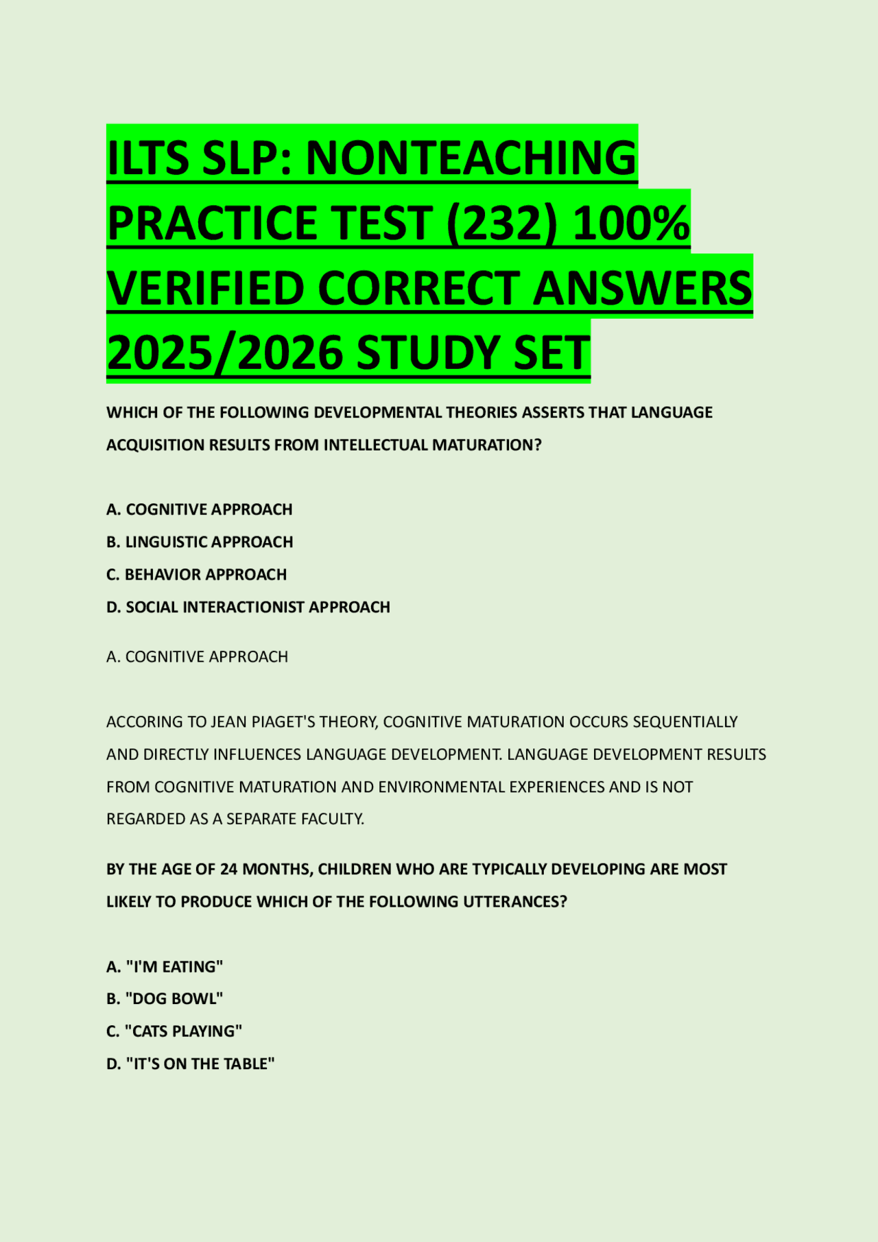 ILTS SLP: NONTEACHING PRACTICE TEST (232) 100% VERIFIED CORRECT ANSWERS ...