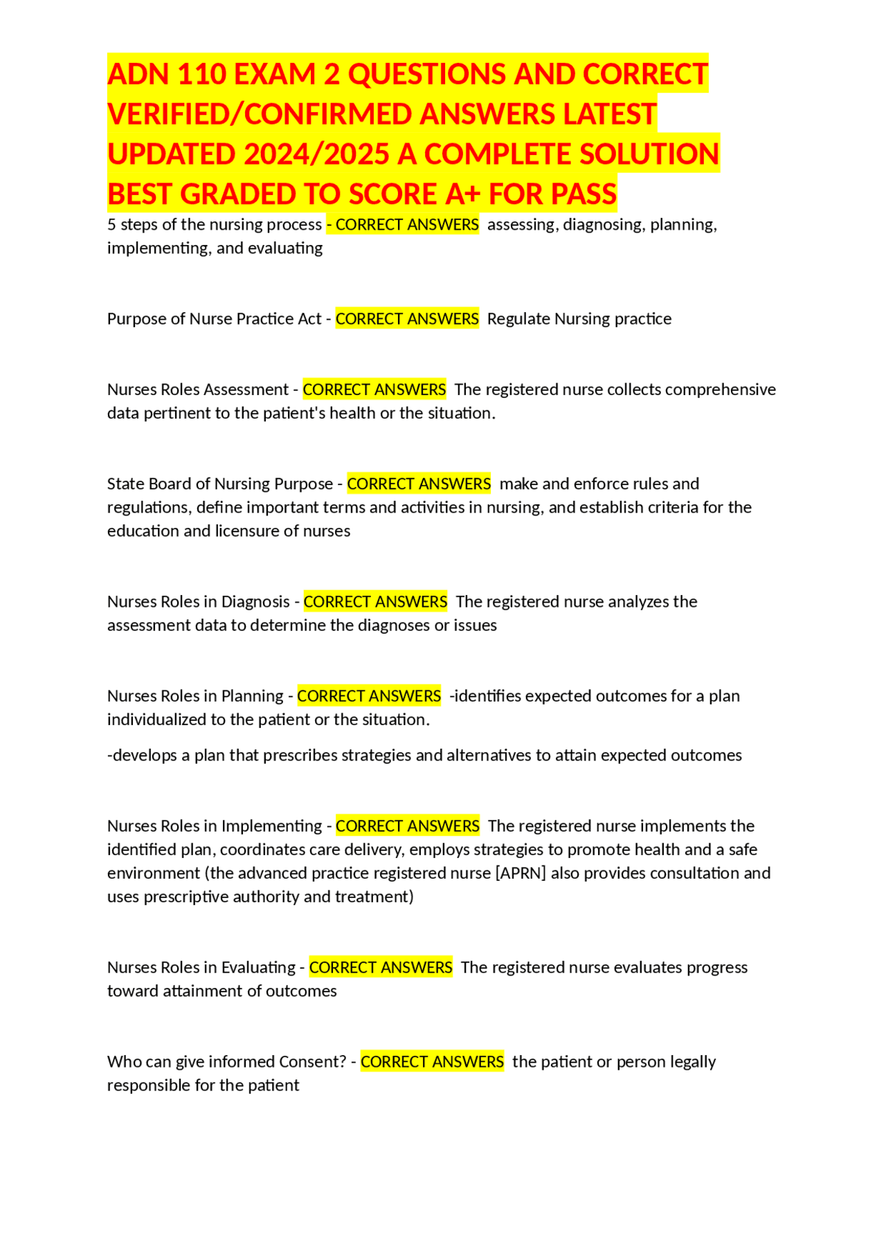 ADN 110 Exam 2 Questions and Answers: Nursing Fundamentals | Exams ...