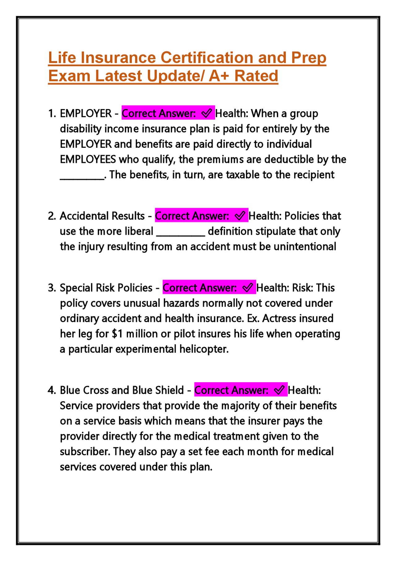 Life Insurance Certification and Prep Exam: Multiple Choice Questions ...