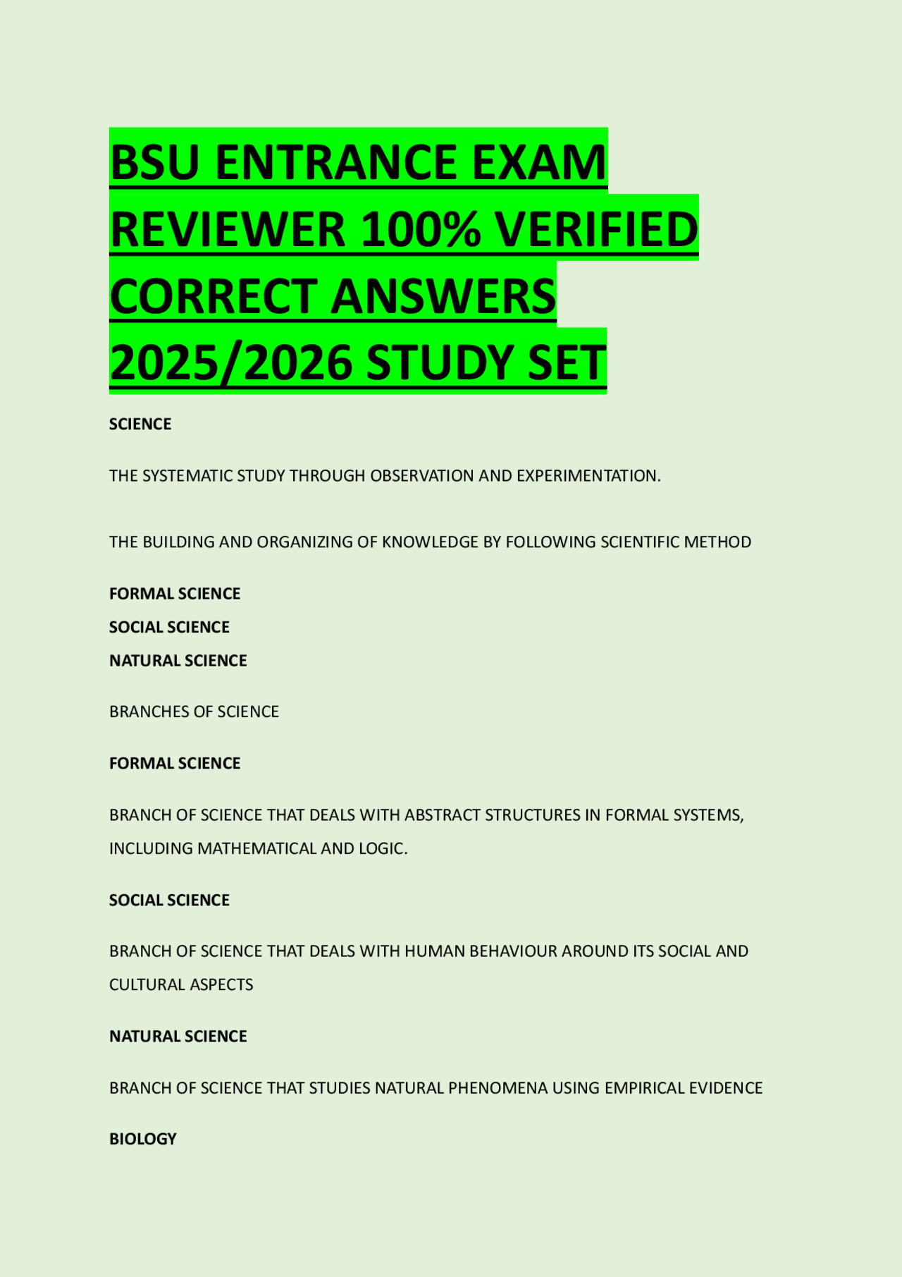 BSU ENTRANCE EXAM REVIEWER 100% VERIFIED CORRECT ANSWERS 2025/2026 ...