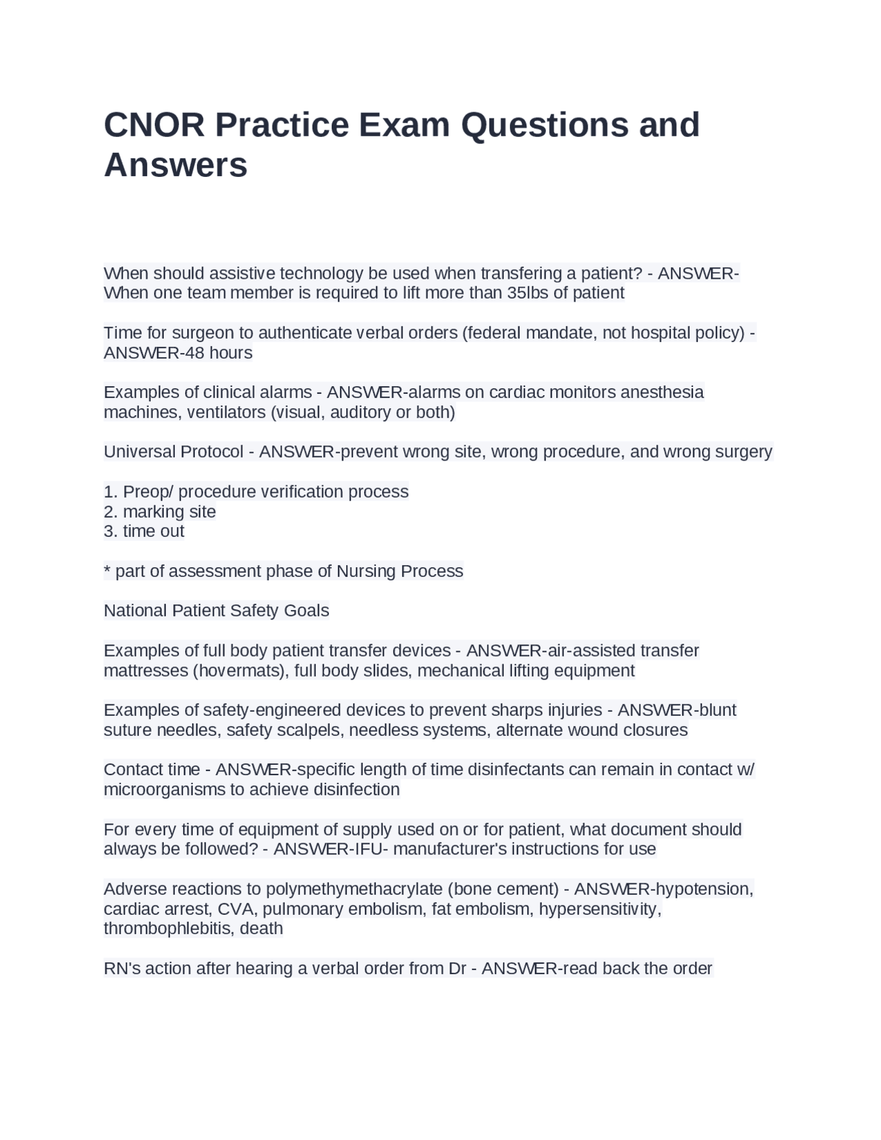CNOR Practice Exam Questions and Answers: A Comprehensive Guide for ...