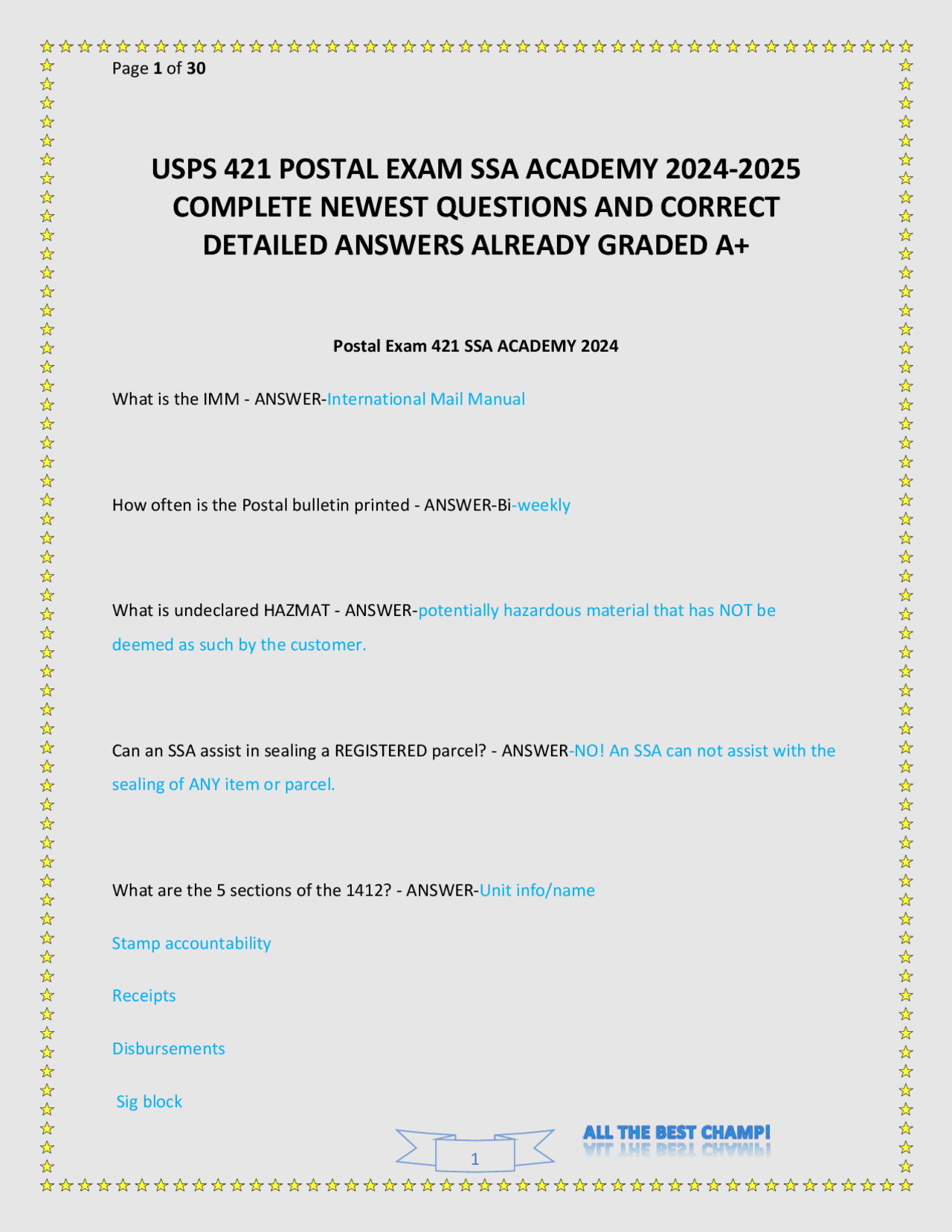 USPS 421 POSTAL EXAM SSA ACADEMY 2024-2025 COMPLETE NEWEST QUESTIONS ...