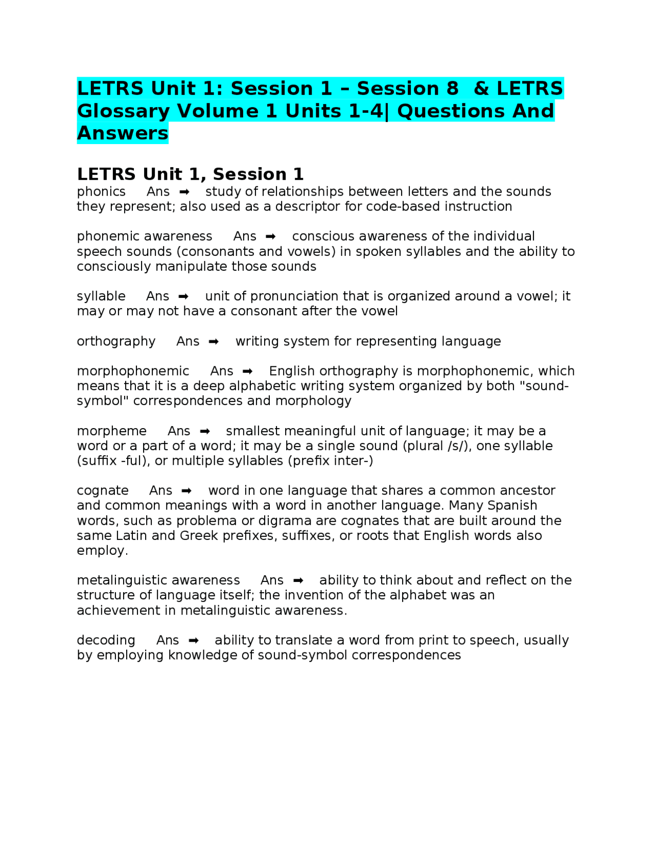 LETRS Unit 1: Session 1-8 & Glossary Volume 1 Units 1-4: Questions and ...