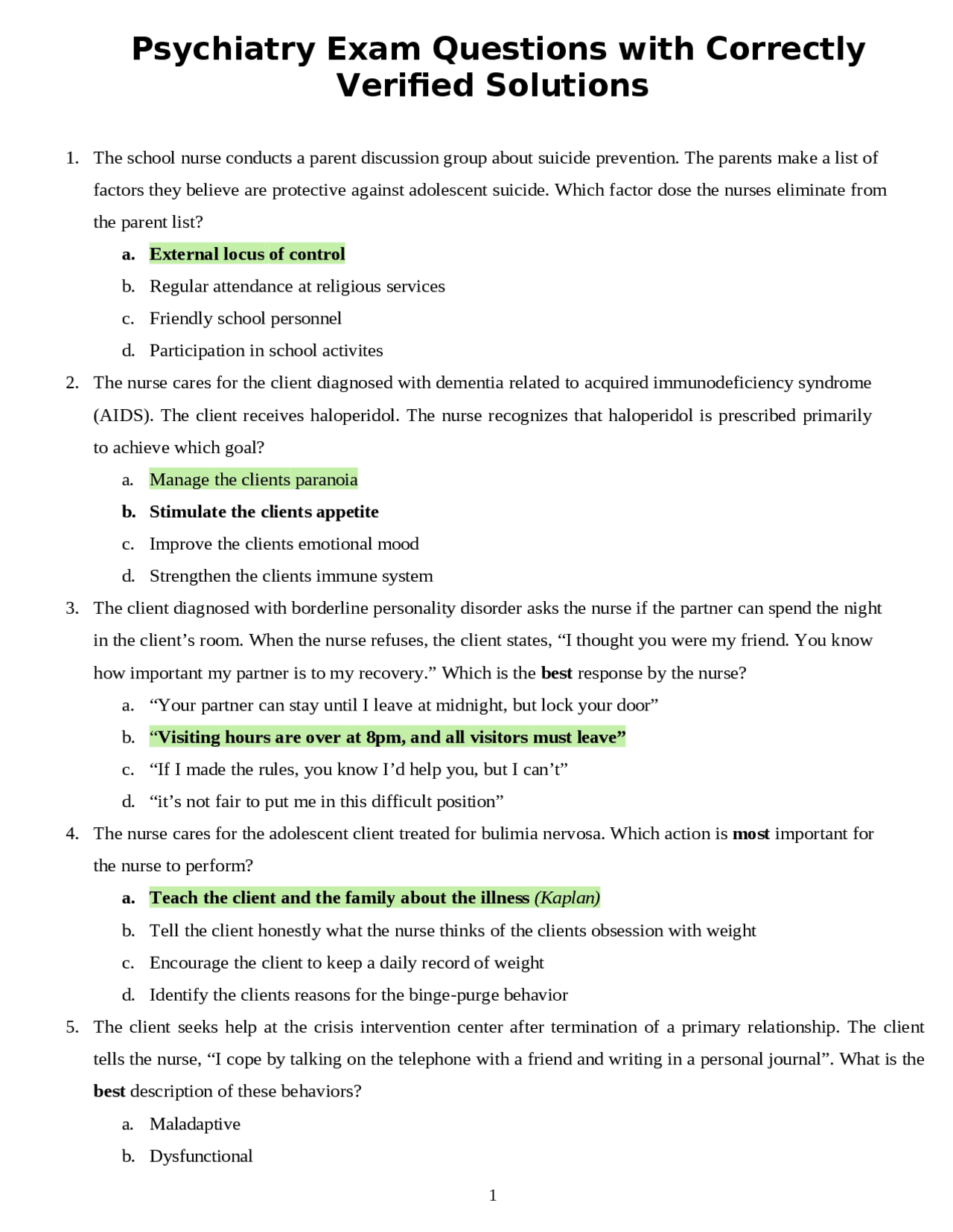 Psychiatry Exam Questions with Correctly Verified Solutions | Exams ...