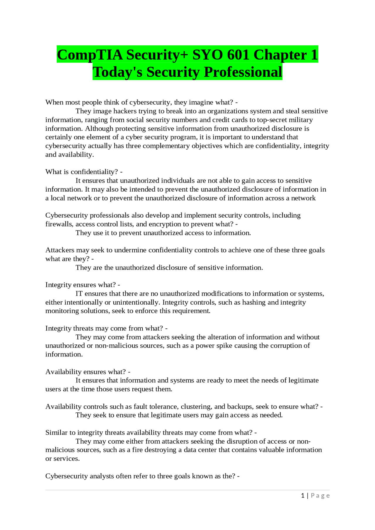 CompTIA Security+ SYO 601 Chapter 1 Today's Security Professional | Exams Computer Security ...