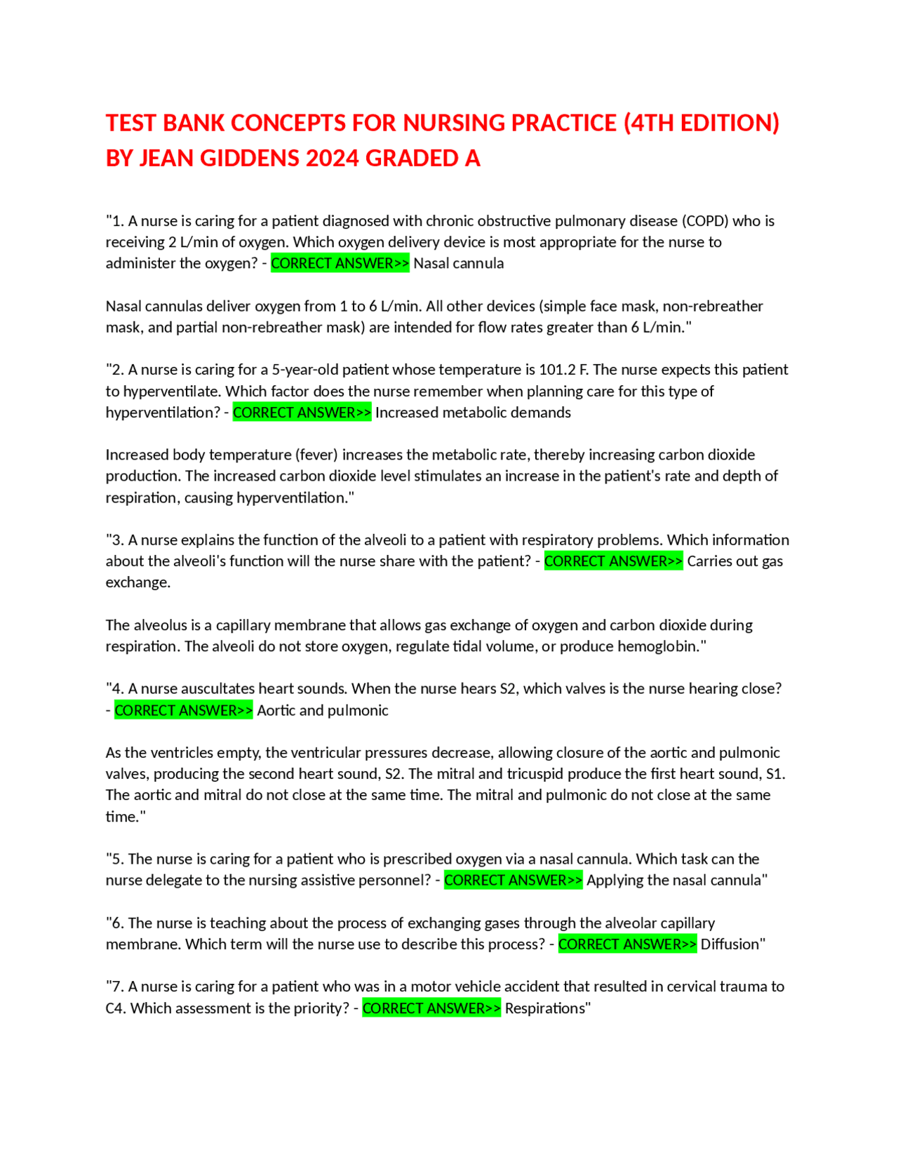 TEST BANK CONCEPTS FOR NURSING PRACTICE (4TH EDITION) BY JEAN GIDDENS ...