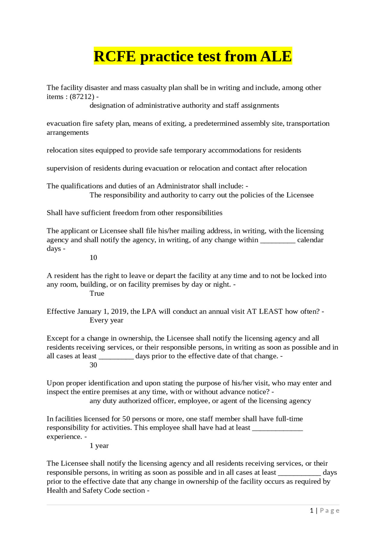 RCFE practice test from ALE | Exams Nursing | Docsity