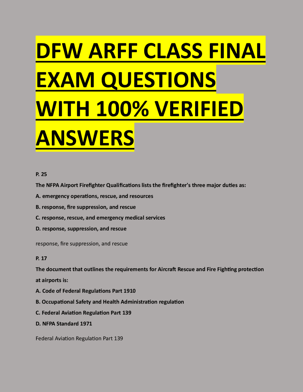 DFW ARFF CLASS FINAL EXAM QUESTIONS WITH 100% VERIFIED ANSWERS | Exams ...