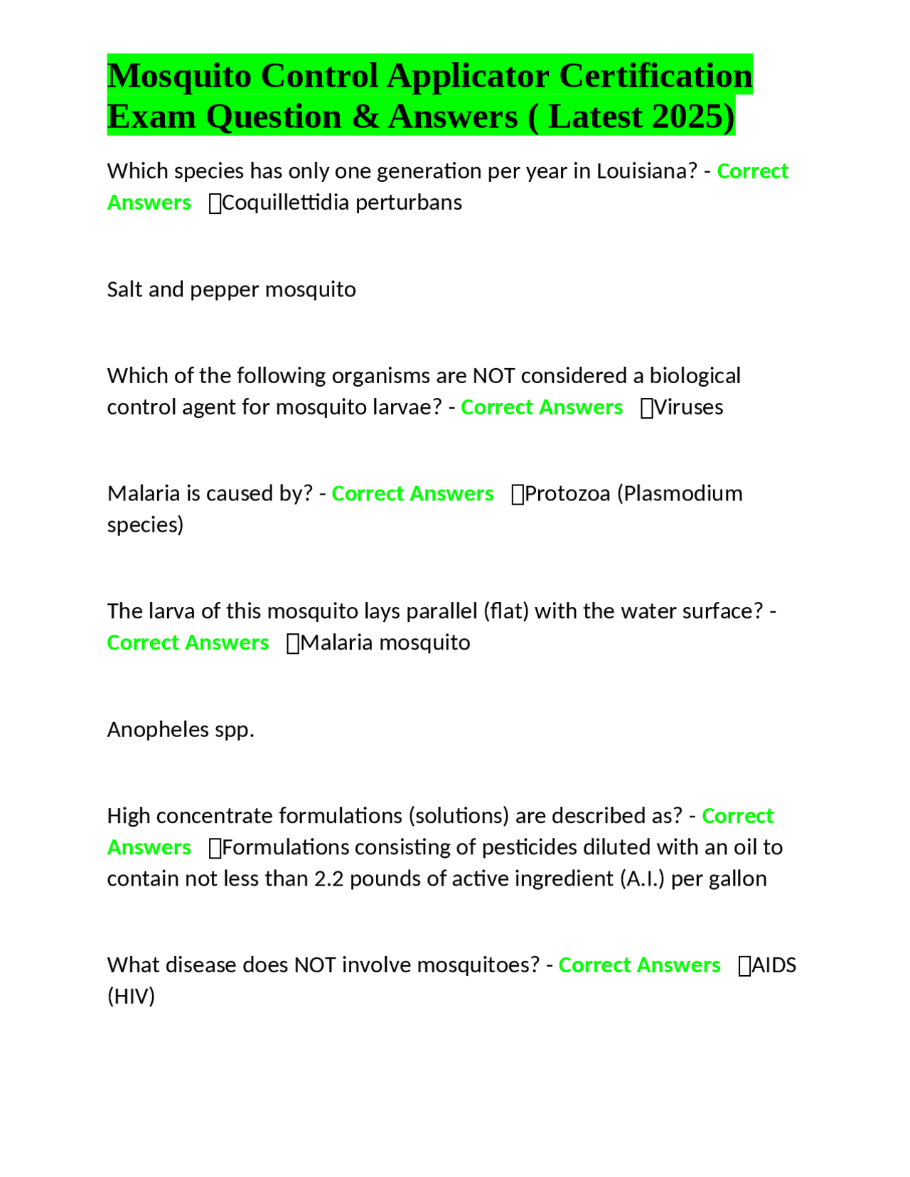 Mosquito Control Applicator Certification Exam Question & Answers ...