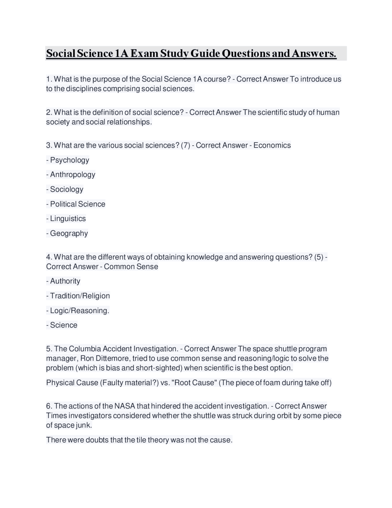 Social Science 1A Exam Study Guide Questions and Answers. | Exams ...