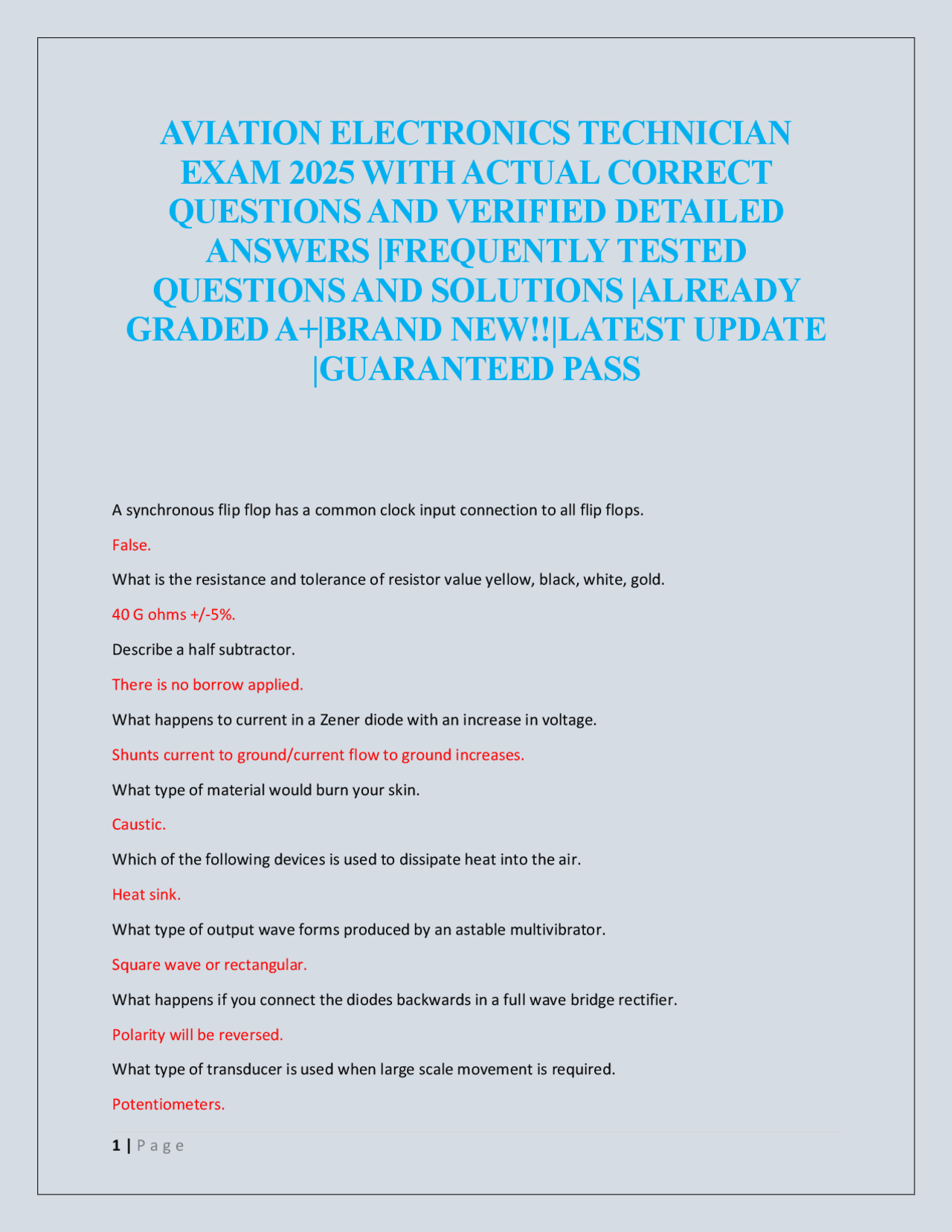 AVIATION ELECTRONICS TECHNICIAN EXAM 2025 | Exams Aviation | Docsity