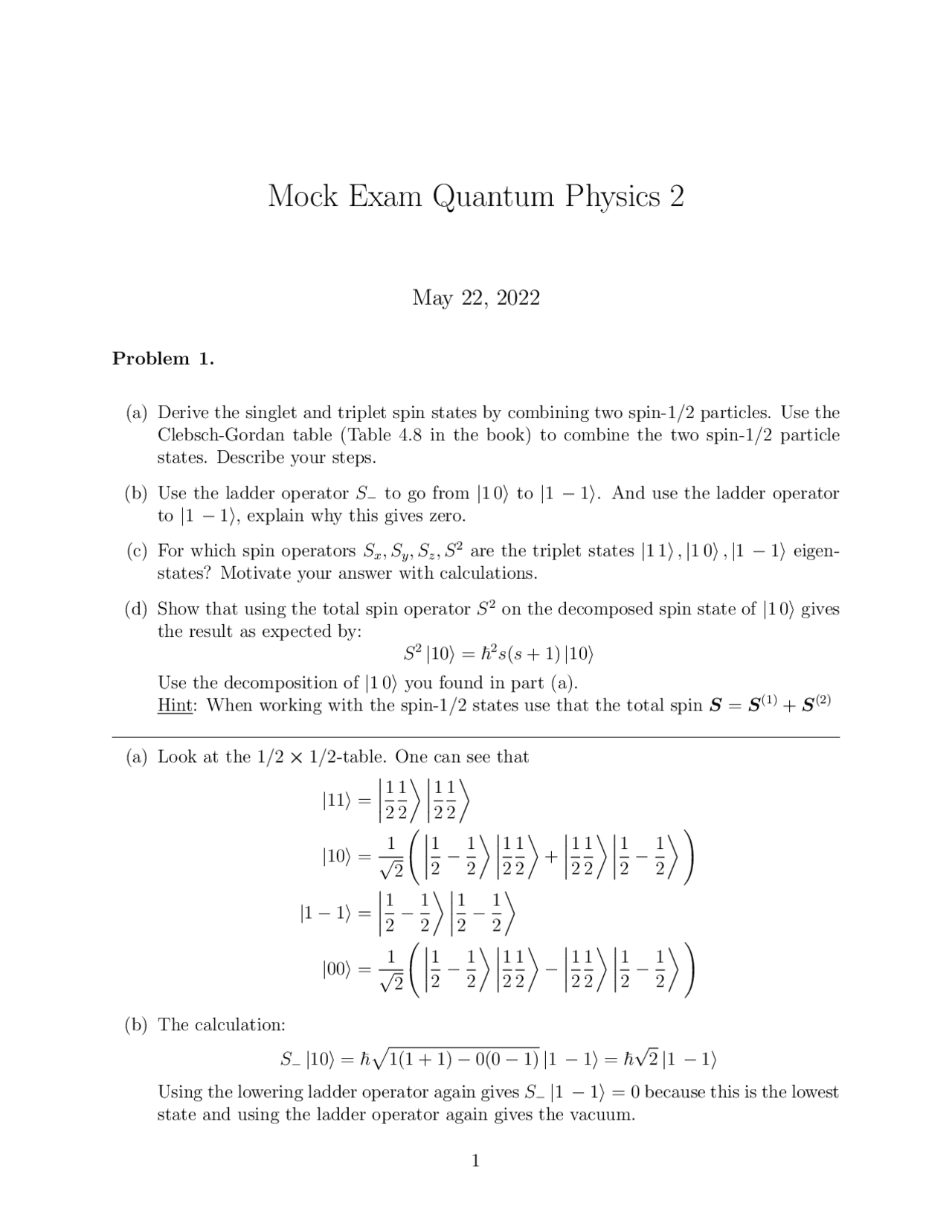 Mock Exam Quantum Physics 2: Problems and Solutions | Exams Quantum Physics | Docsity