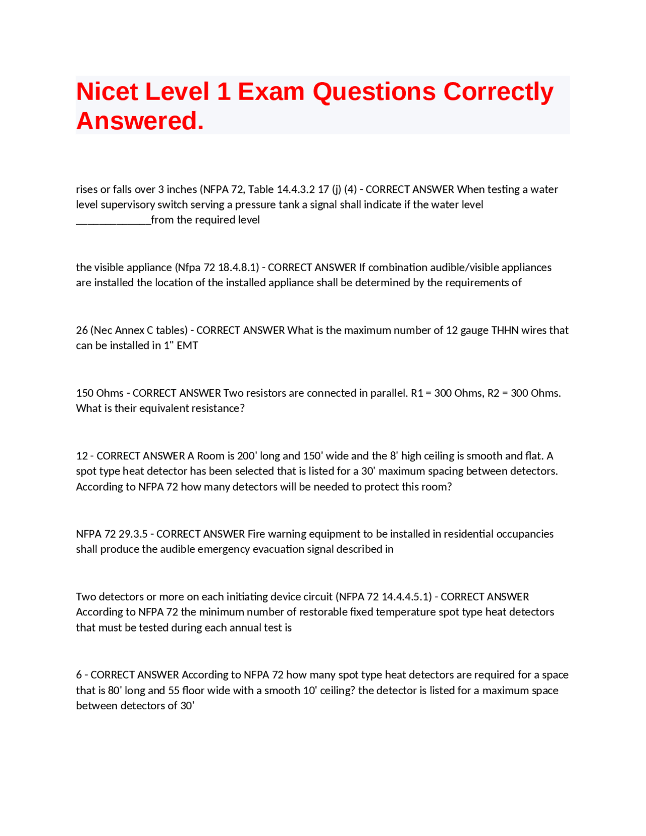 Nicet Level 1 Exam Questions Correctly Answered | Exams Nursing | Docsity