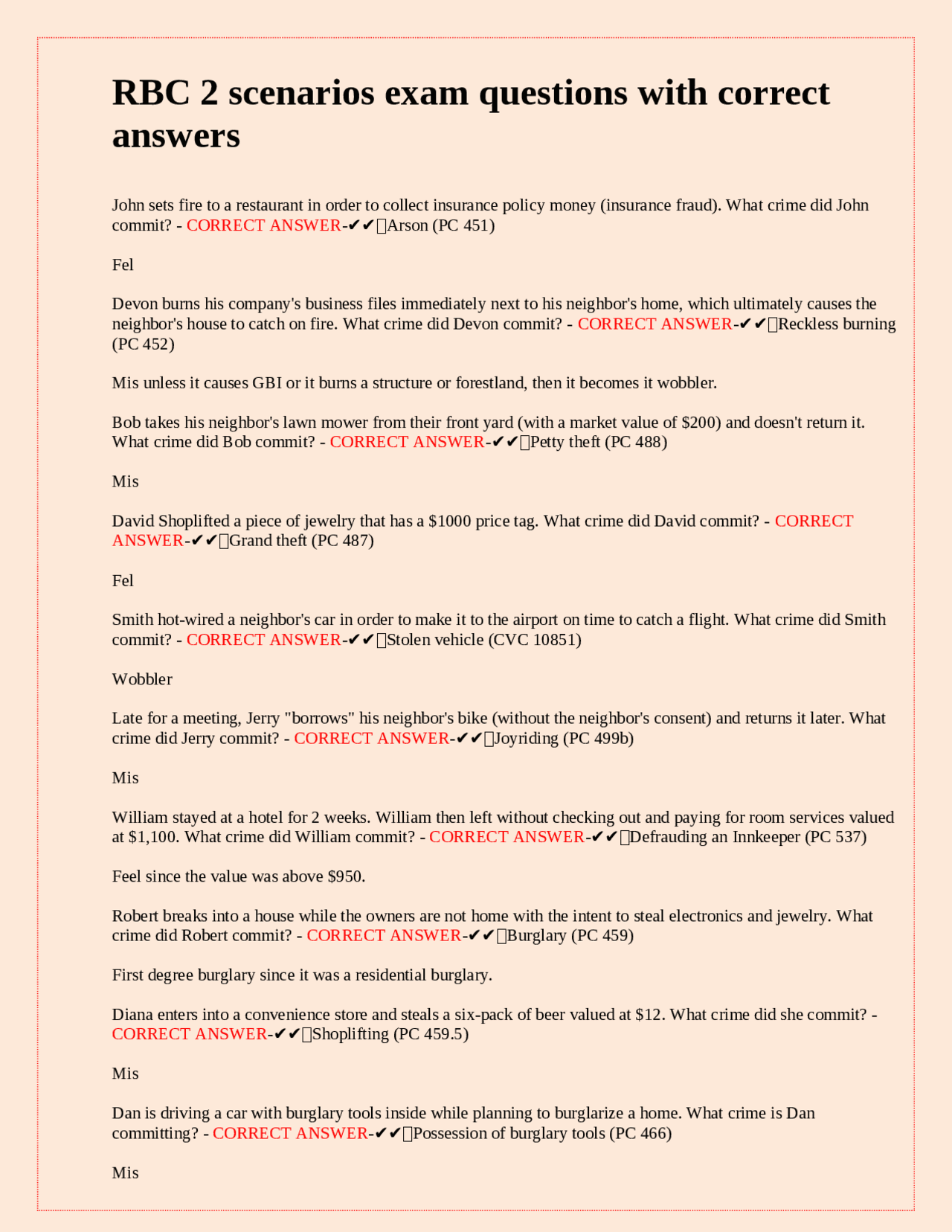 RBC 2 scenarios exam questions with correct answers. | Exams Law | Docsity