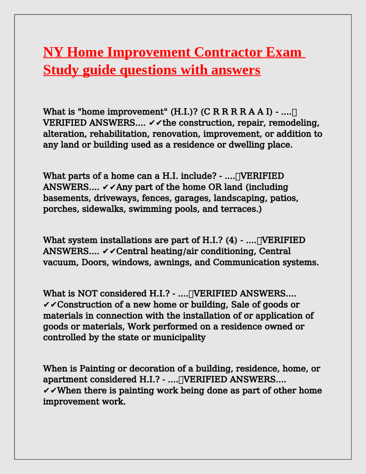 NY Home Improvement Contractor Exam Study guide questions with answers ...