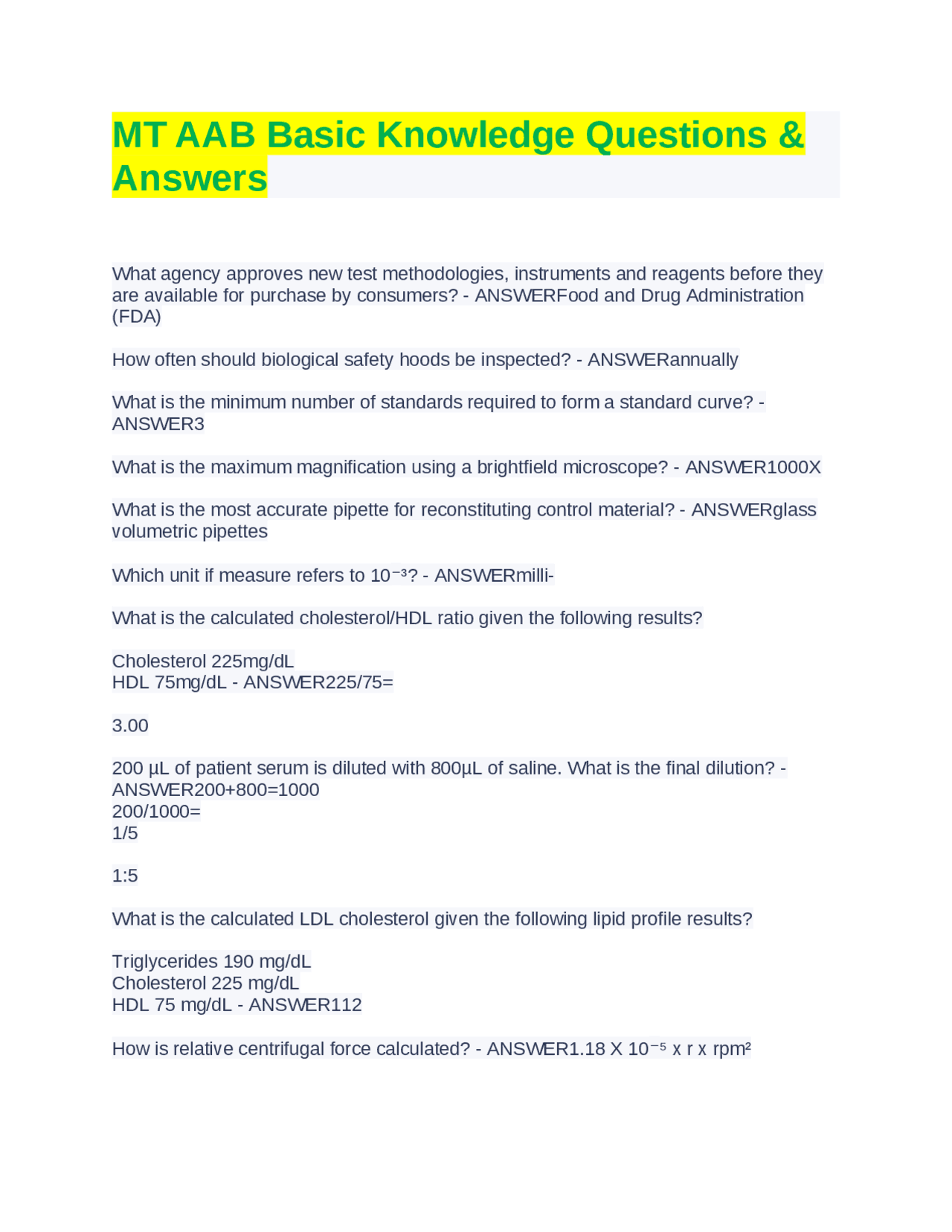 MT AAB Basic Knowledge Questions & Answers | Exams Chemistry | Docsity